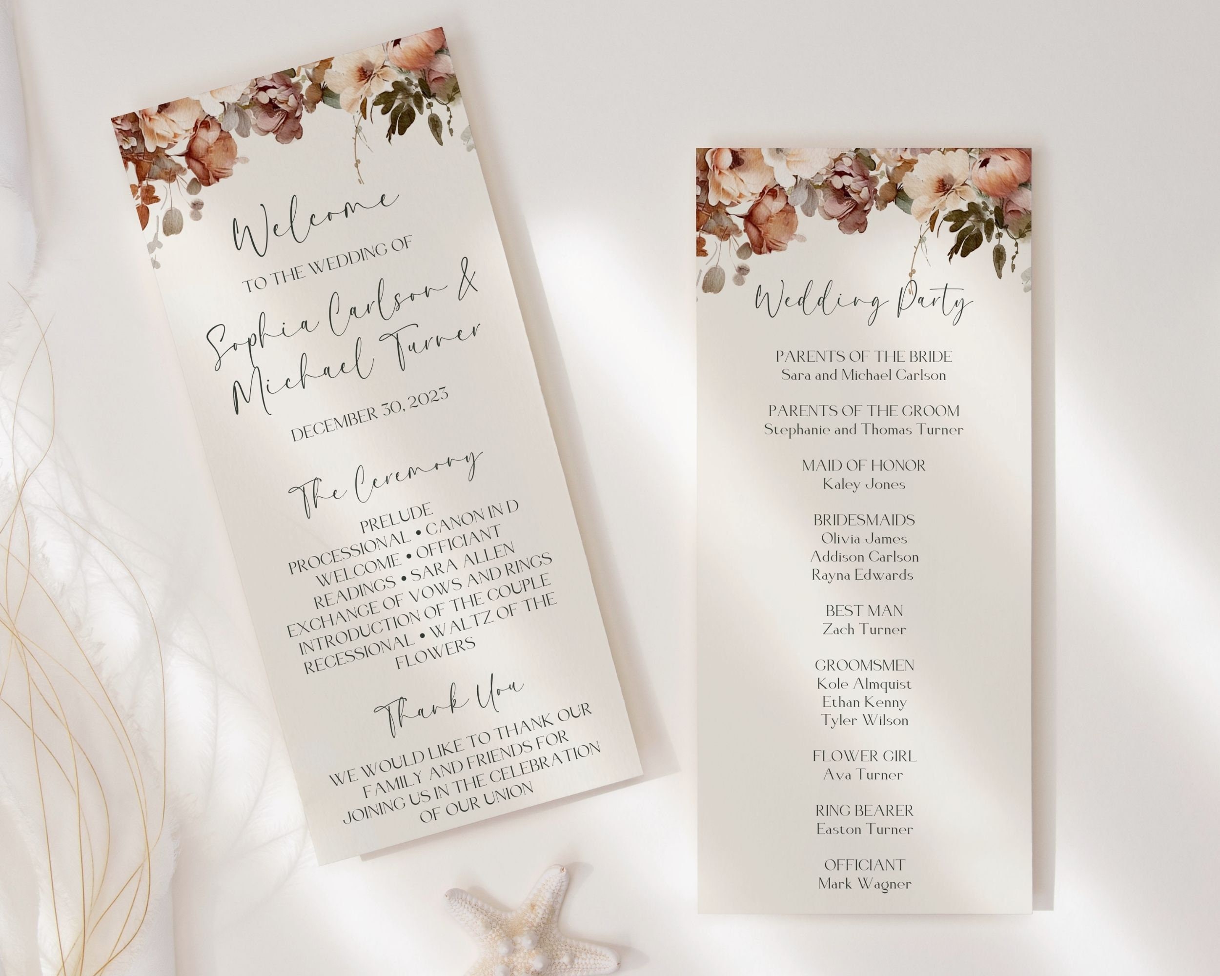 Neutral Floral Wedding Program Template, Printable Rustic Theme ...