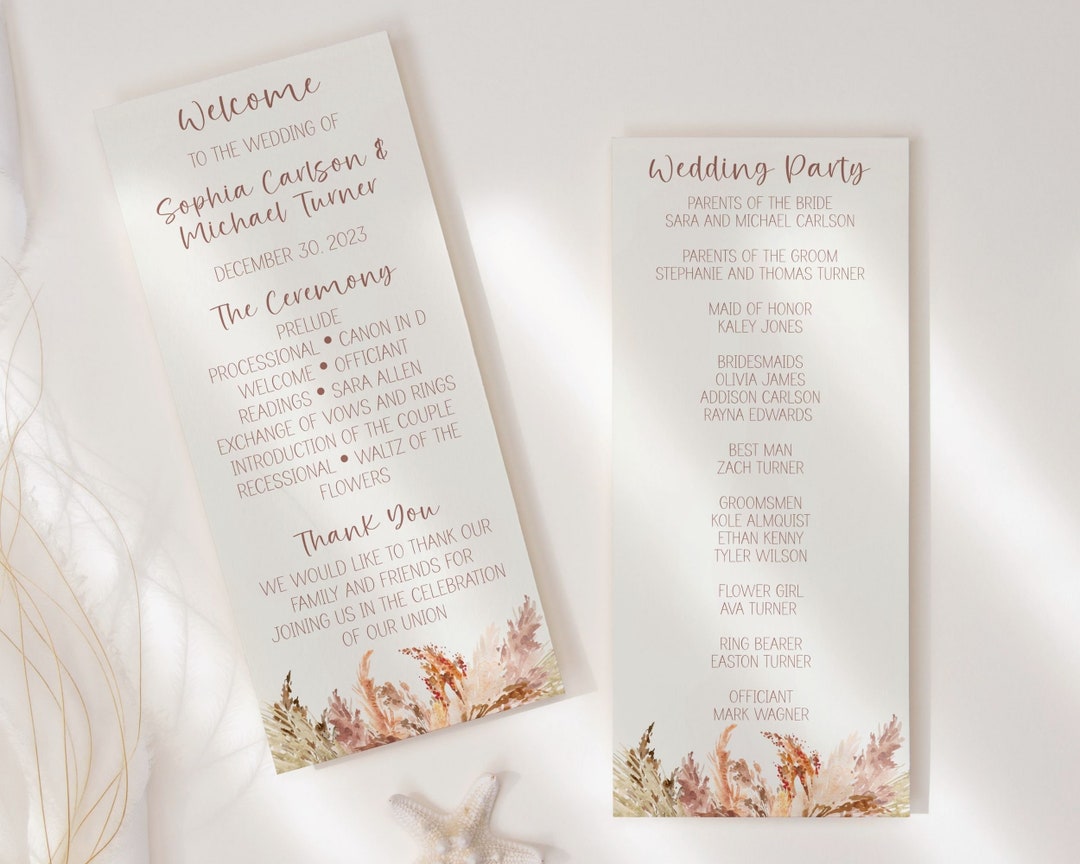 Pampas Grass Wedding Program Template Customizable Boho - Etsy
