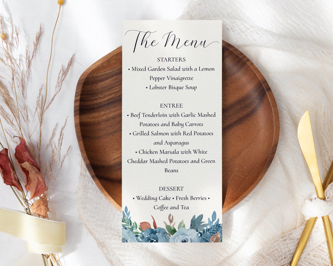 Dusty Blue Wedding Menu Template, Customizable Floral Cocktail Bar Menu ...