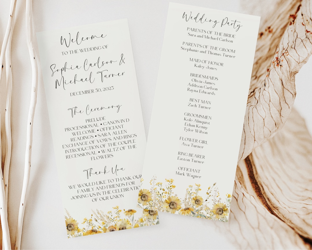 Sunflower Floral Wedding Program Template, Printable Yellow Theme ...