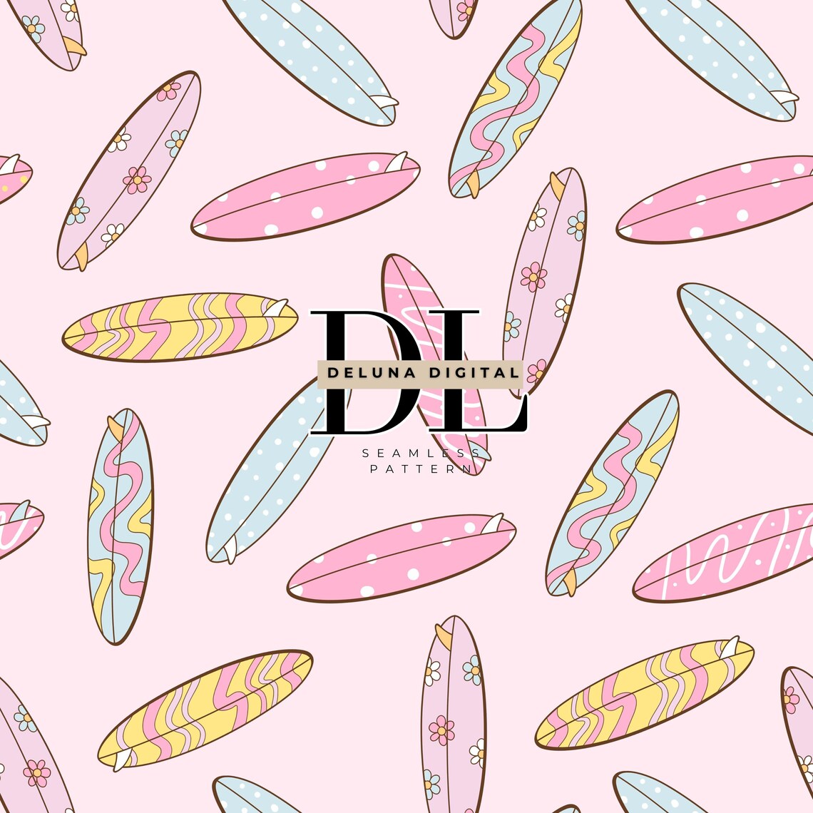 Pink Surfing Board Seamless Pattern JPG File, Pastel Colored Surfboard ...