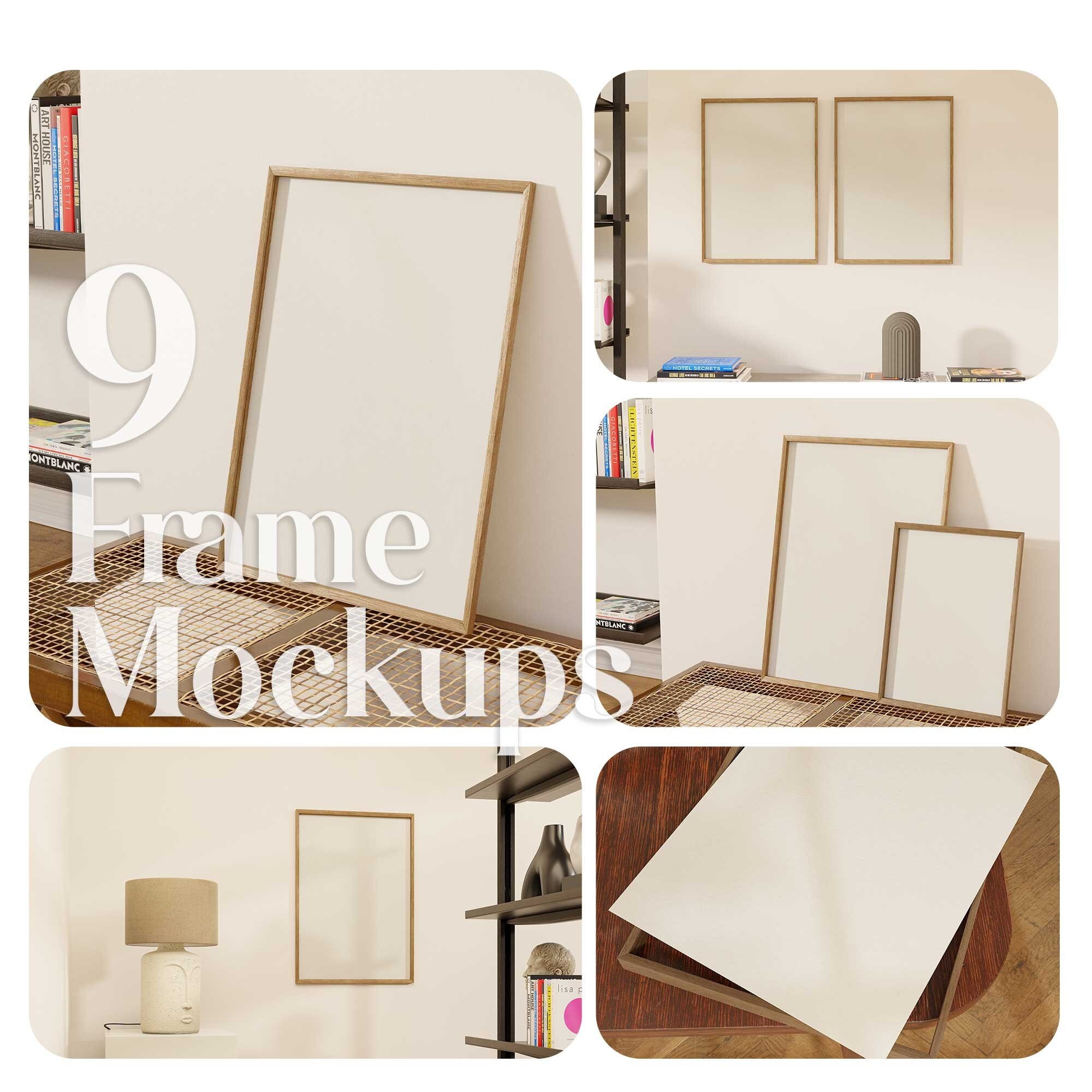 9 Art Print Frame Mockups V3, Poster Mockup Bundle, Thin Wood Frame ...