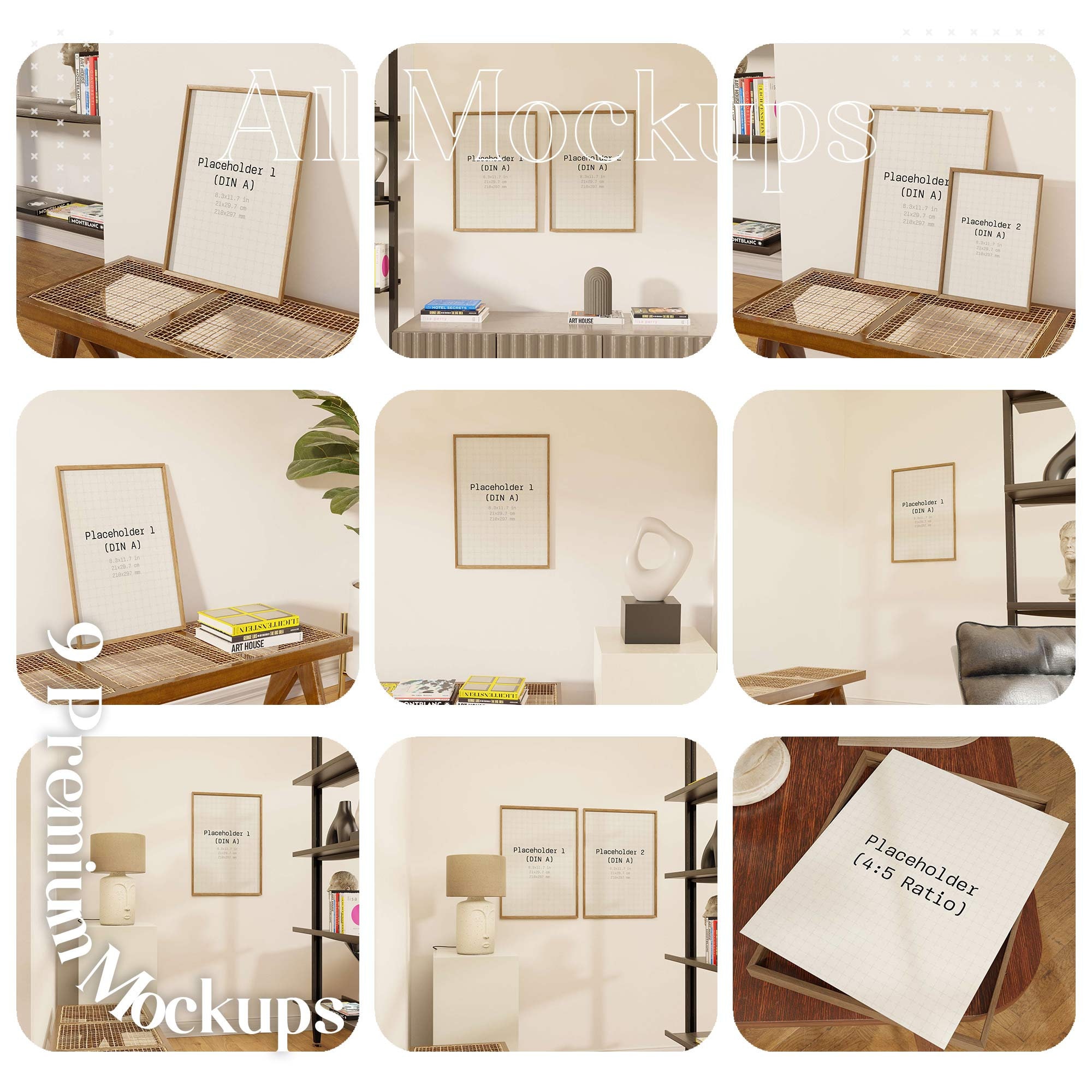 9 Art Print Frame Mockups V3, Poster Mockup Bundle, Thin Wood Frame ...