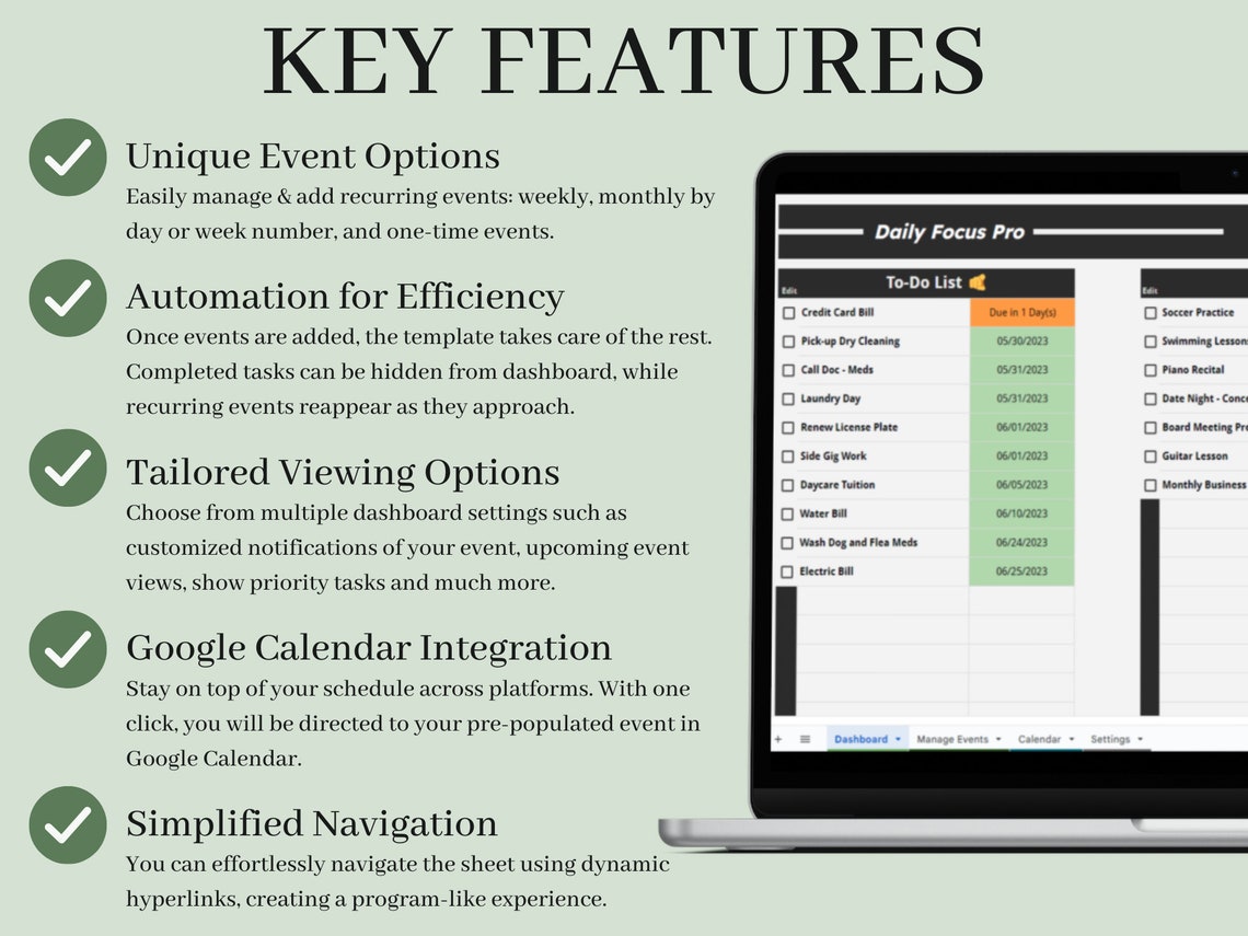 To Do List, Daily Planner, Daily Event Tracker, Google Sheets Template, Digital Planner, Task ...
