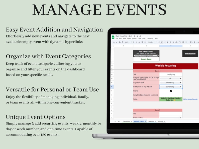 To Do List, Daily Planner, Daily Event Tracker, Google Sheets Template ...