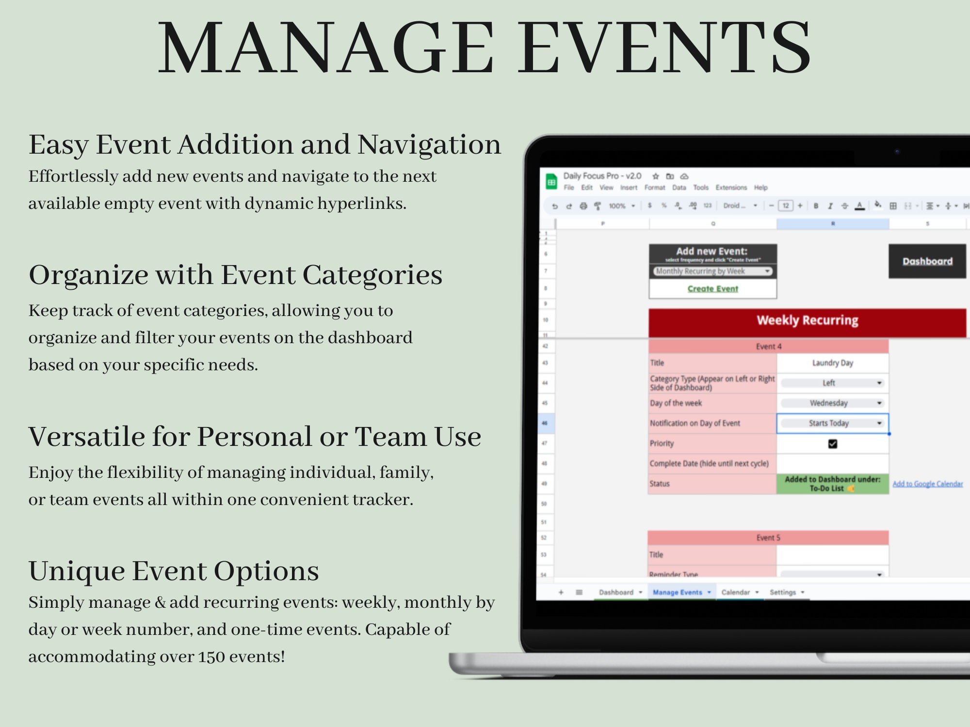 To Do List, Daily Planner, Daily Event Tracker, Google Sheets Template ...