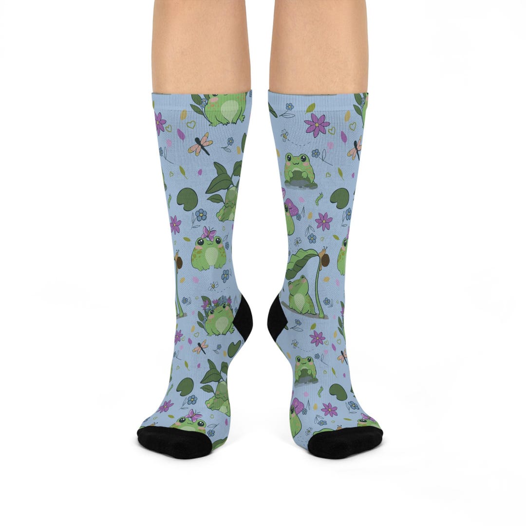 Frog Socks, Cute Animal Footwear, Happy Amphibian Crew Socks, Blue Frog ...