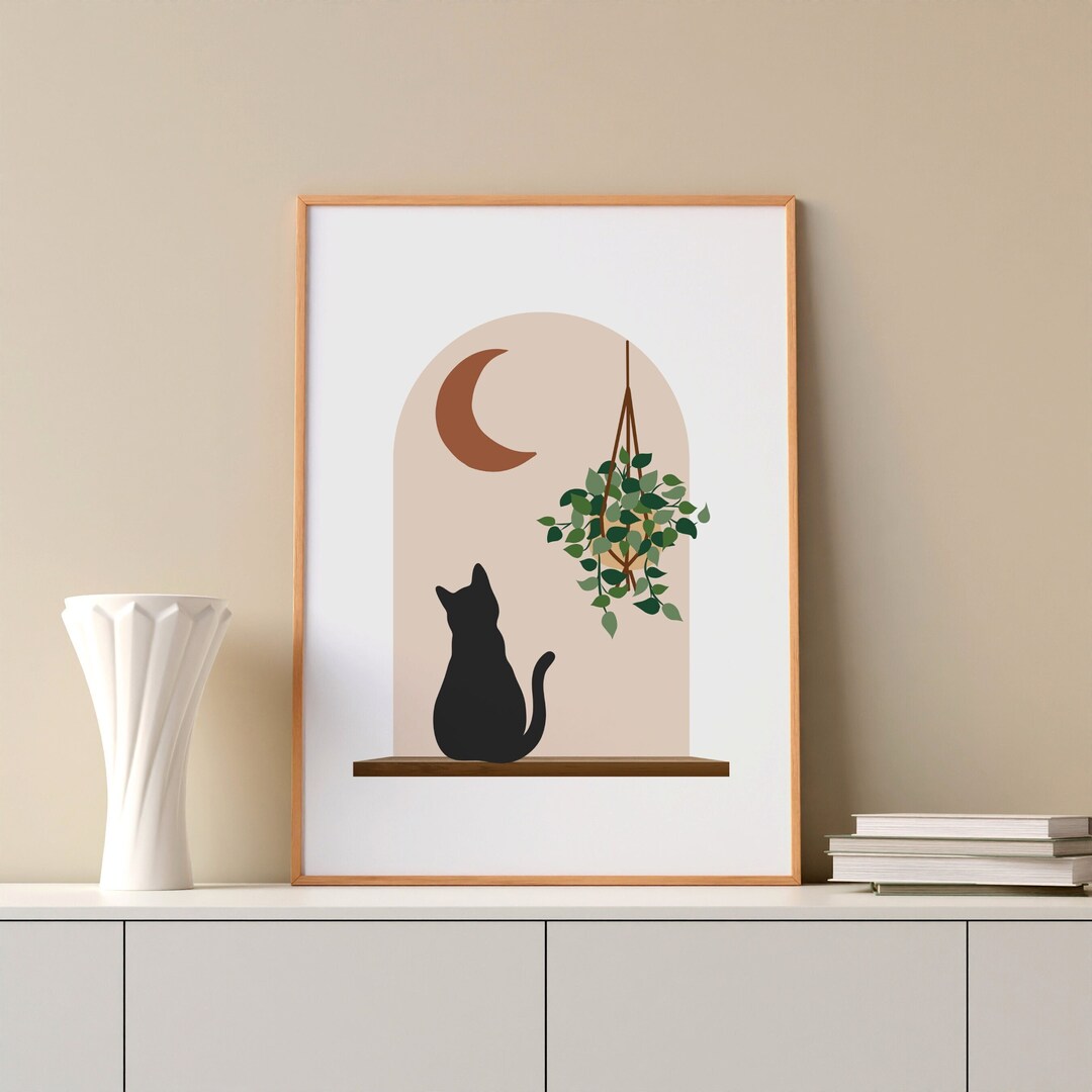 Cat Boho Wall Art, Cat Wall Art, Botanical Plants Prints, Hanging Plant ...