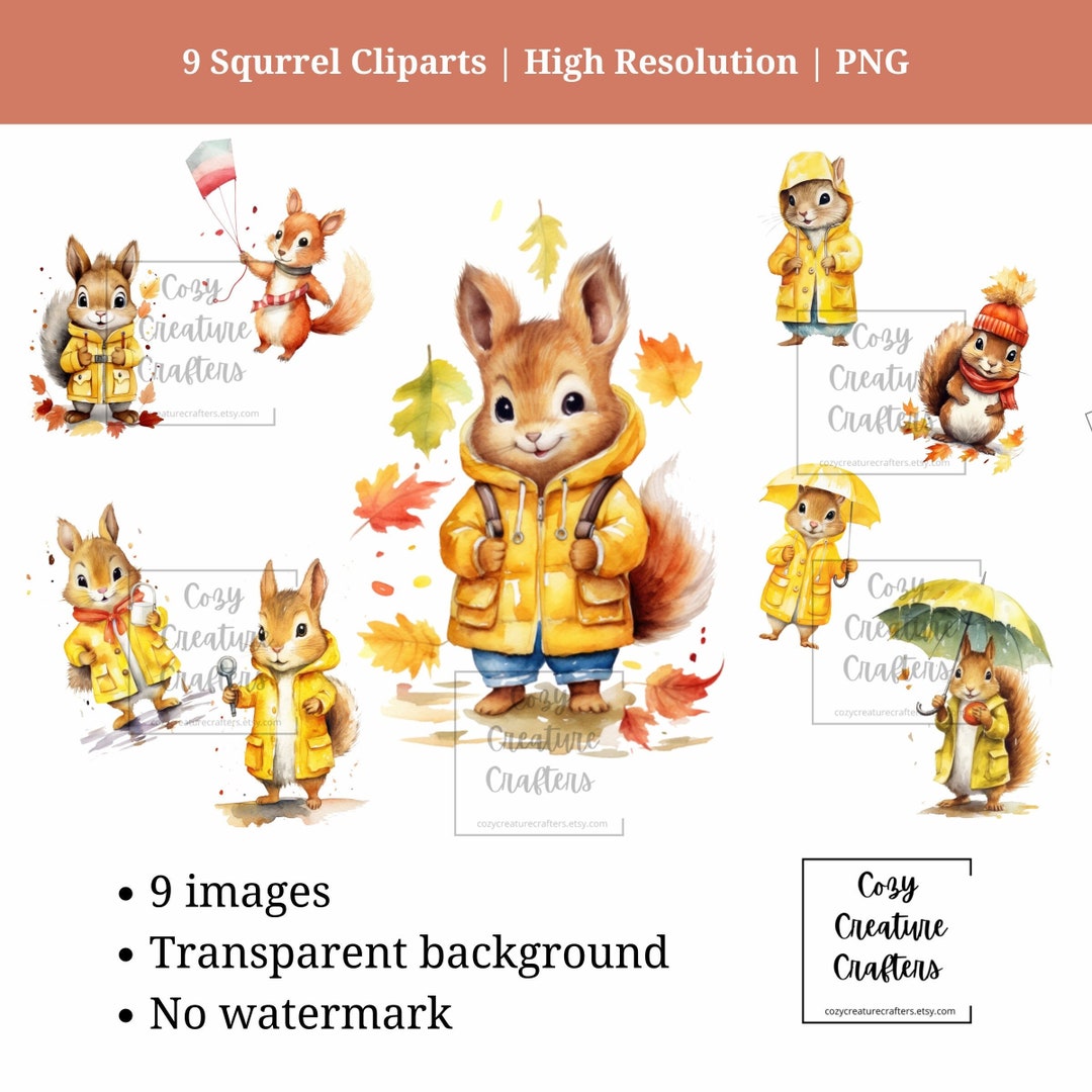 Autumn Squirrels Watercolor Design Cliparts Autumn Pngs - Etsy