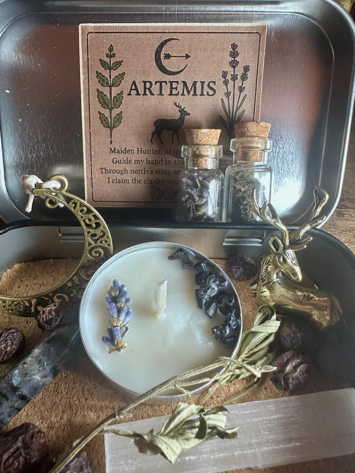 Artemis Altar Tin, Ritual Set, Goddess of the Hunt Ritual, Mini Statue ...