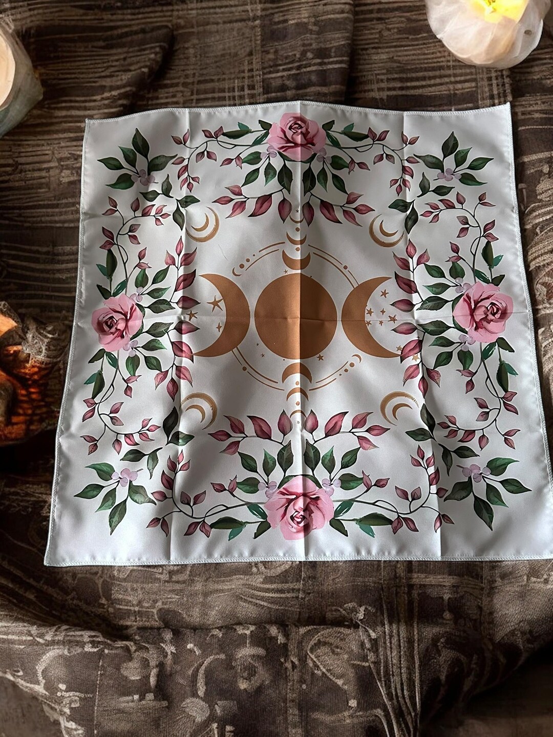 White Altar Cloth With Gold Moons & Roses – Elegant Spiritual Decor ...