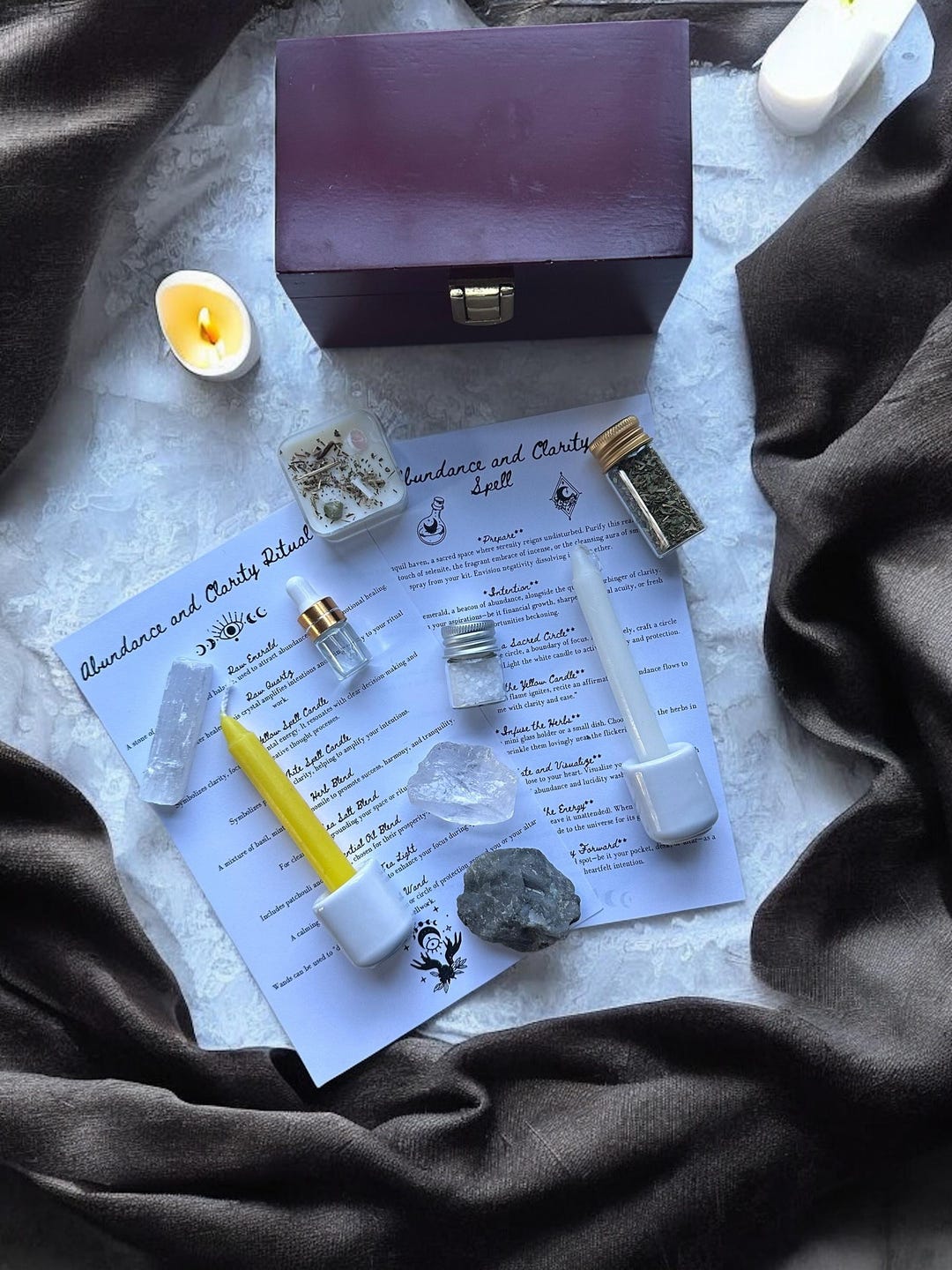 Abundance and Clarity Spell Kit Wood Box – Raw Emerald, Quartz, Candles ...
