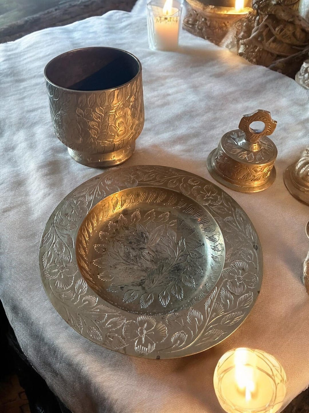 Set of Altar Decor Bell Vintage Brass Offering Dish Smudge Pot Bell ...