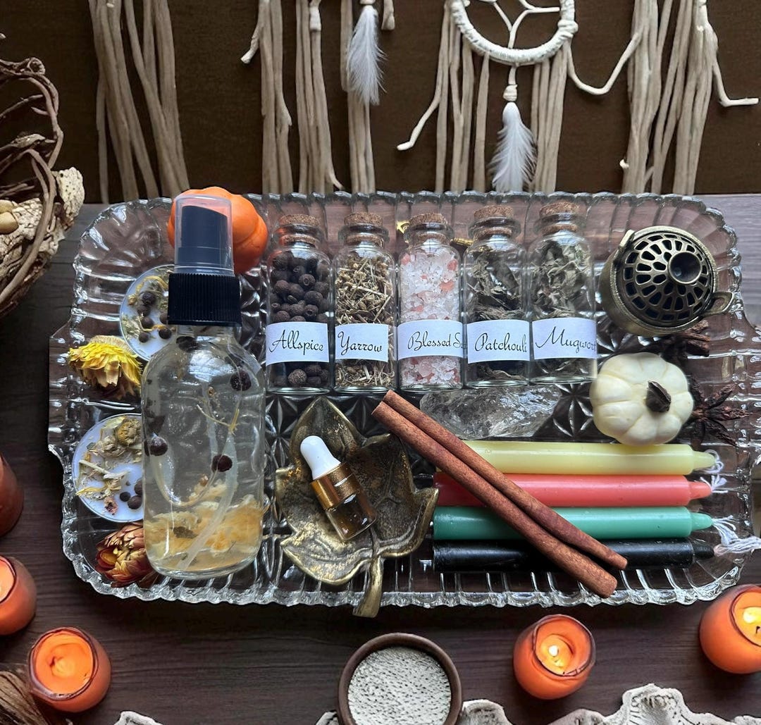 Autumn Ritual, Altar Kit, Fall Witchcraft Box, Brass Leaf Dish, Candles ...