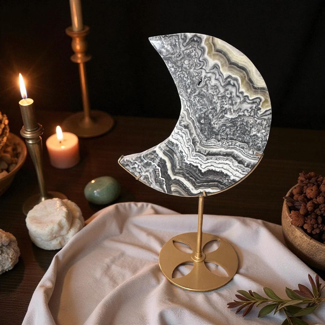 Huge Black White Agate Crescent Moon on Gold Stand - Etsy
