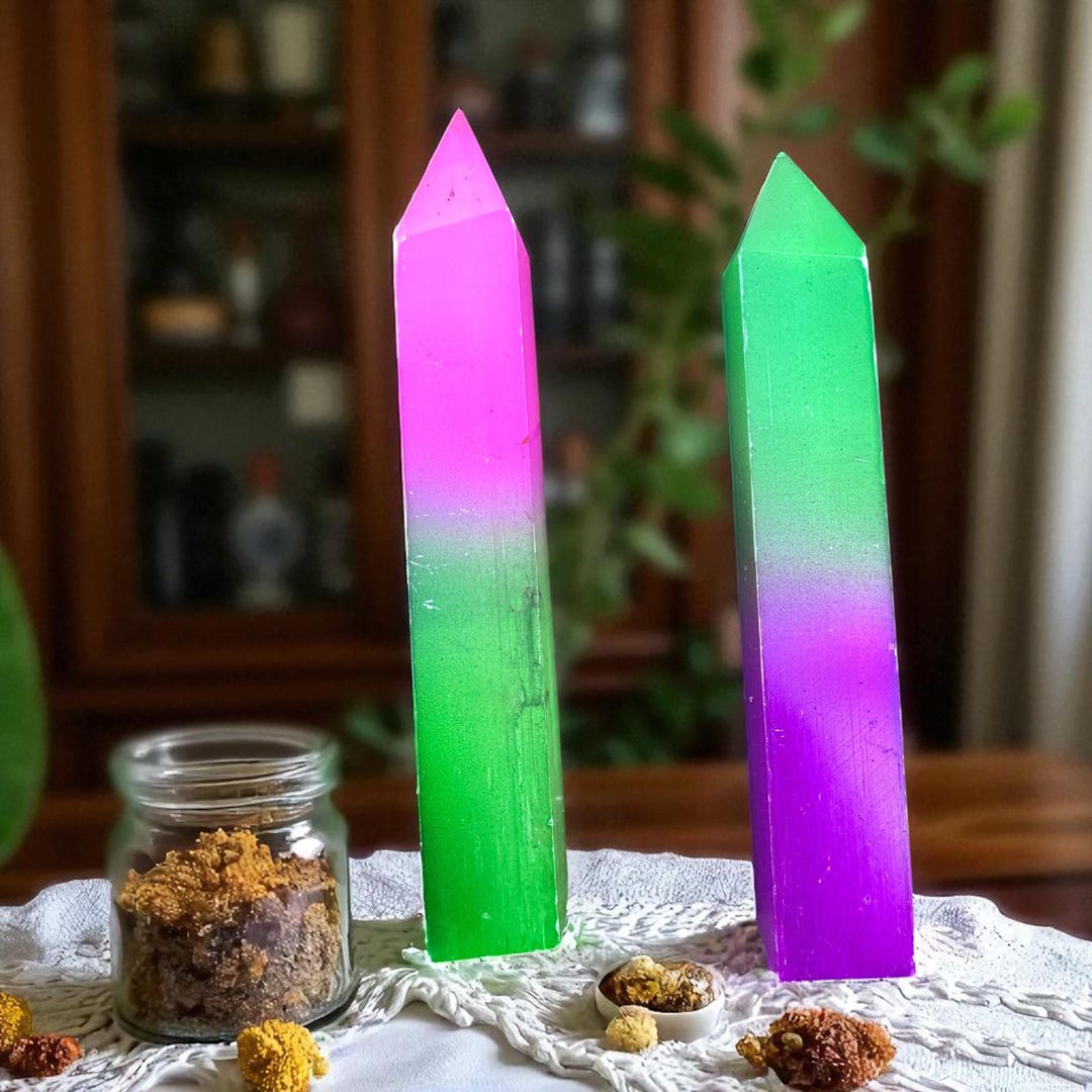 Colored Selenite Tower, Pink-green or Green-purple Crystal Point, Witch ...