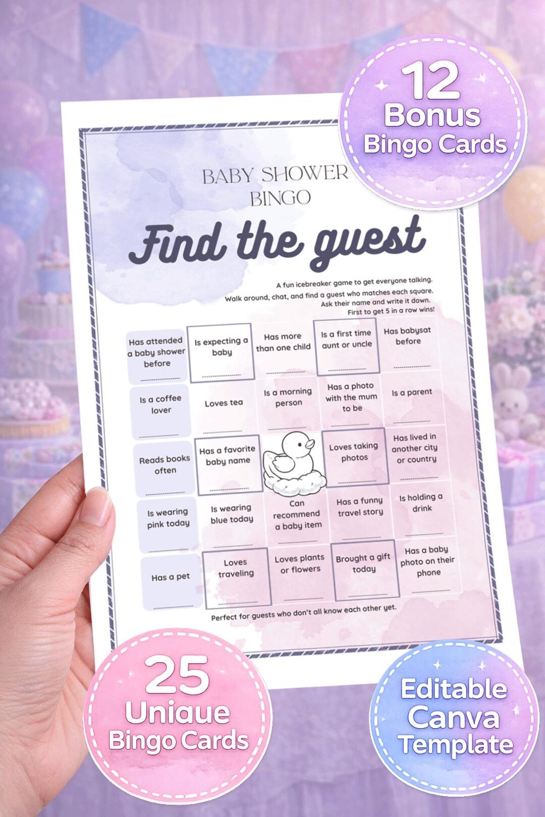 Find the Guest Baby Shower Bingo Printable Game Editable Canva Instant ...