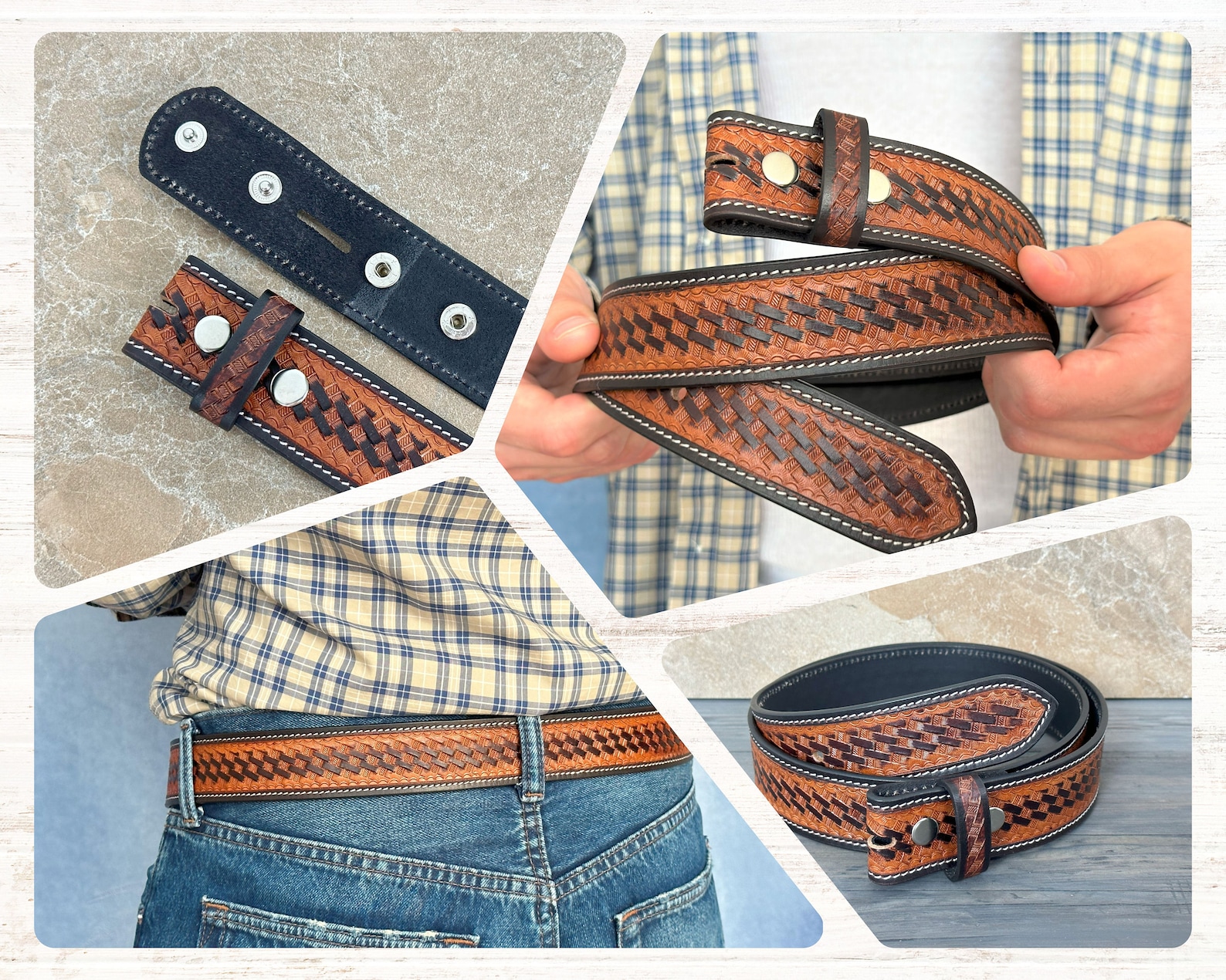 Full Grain Leather Snap-on Belt Tooled Western Floral - Etsy