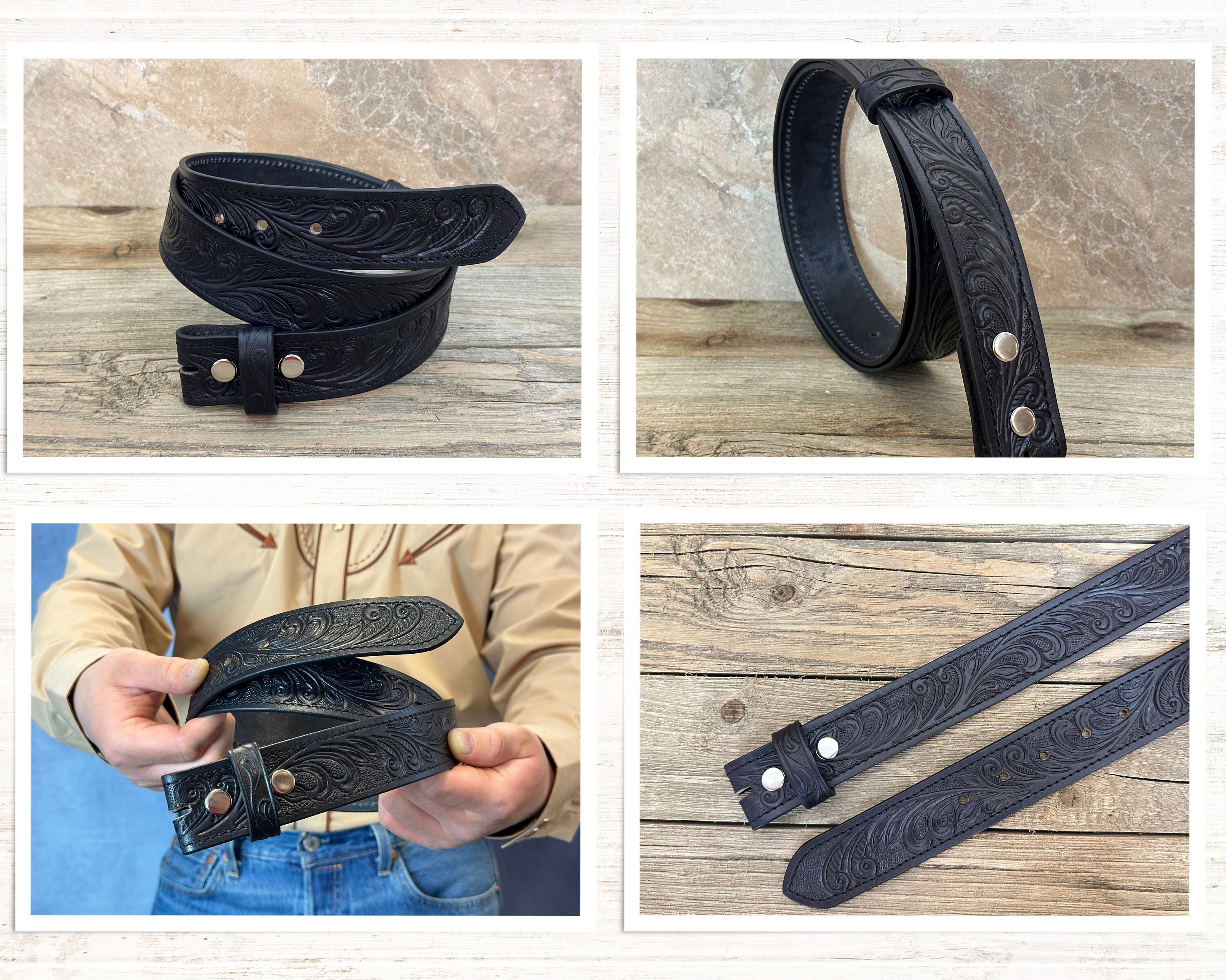 Full Grain Leather Snap-on Belt Tooled Western Floral - Etsy