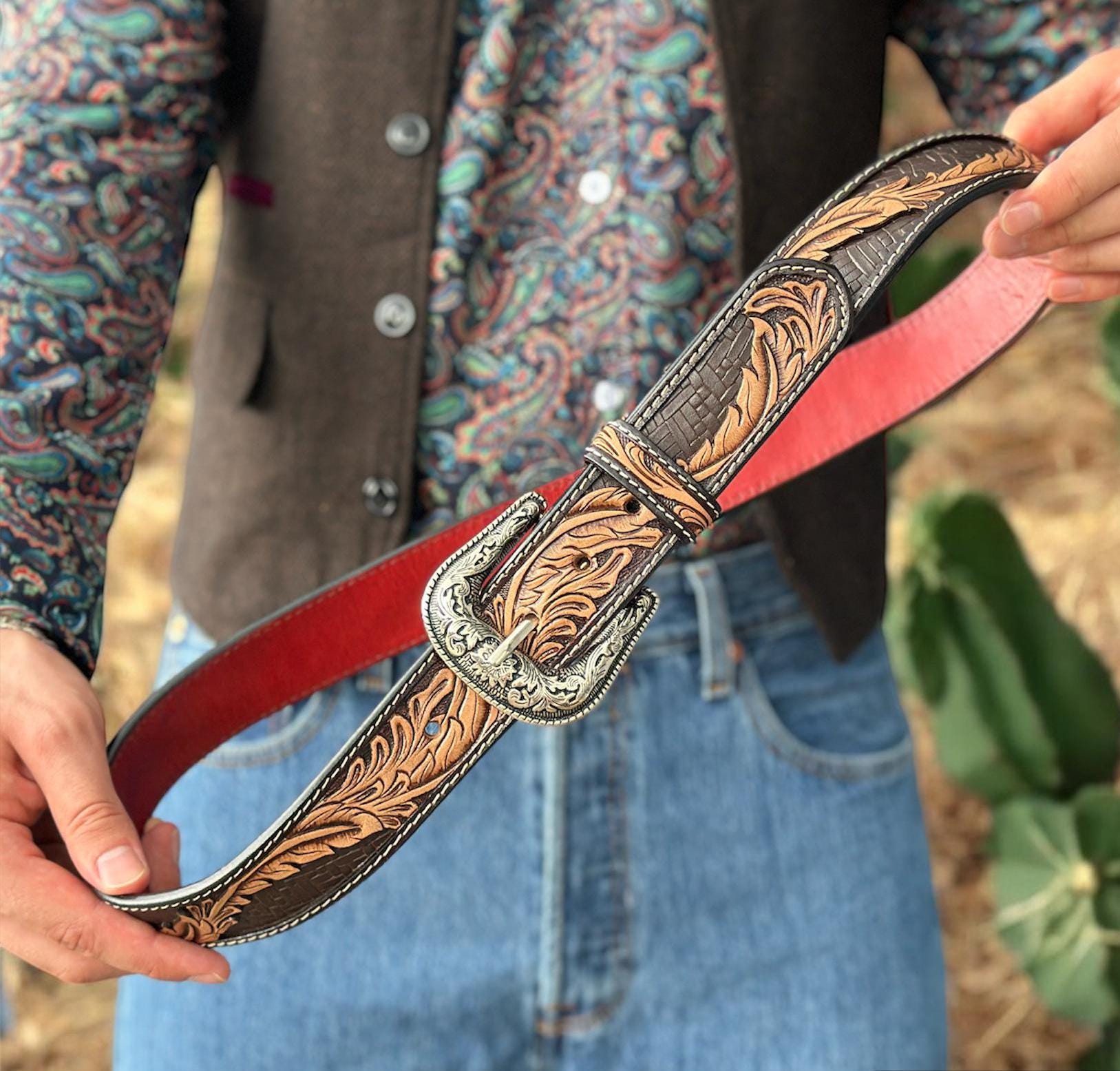 Men's Western Tooled Floral Engraved Leather Embossed Cowboy Belt With ...