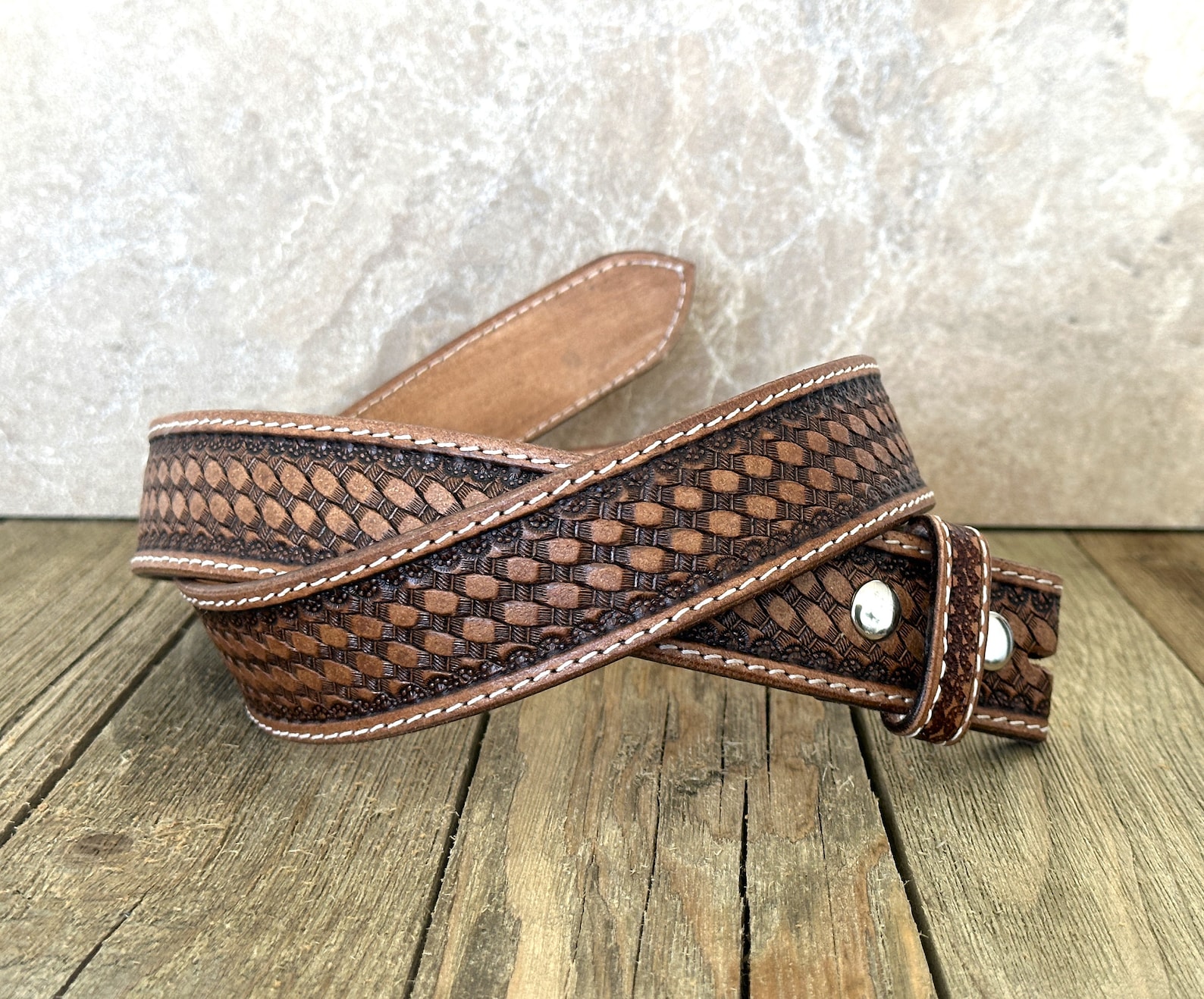 Full Grain Leather Snap-on Belt, Tooled Western Floral Engraved Leather ...