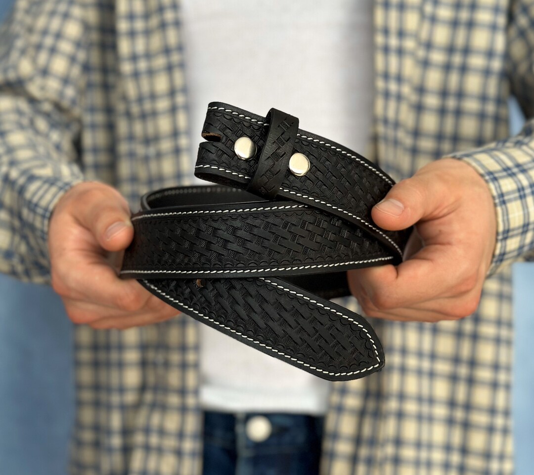 Full Grain Leather Snap-on Belt, Tooled Western Floral Engraved Leather ...