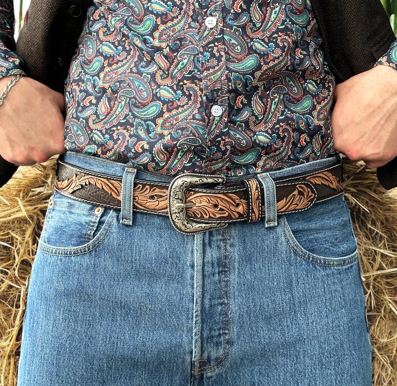 Men's Western Tooled Floral Engraved Leather Embossed Cowboy Belt With ...