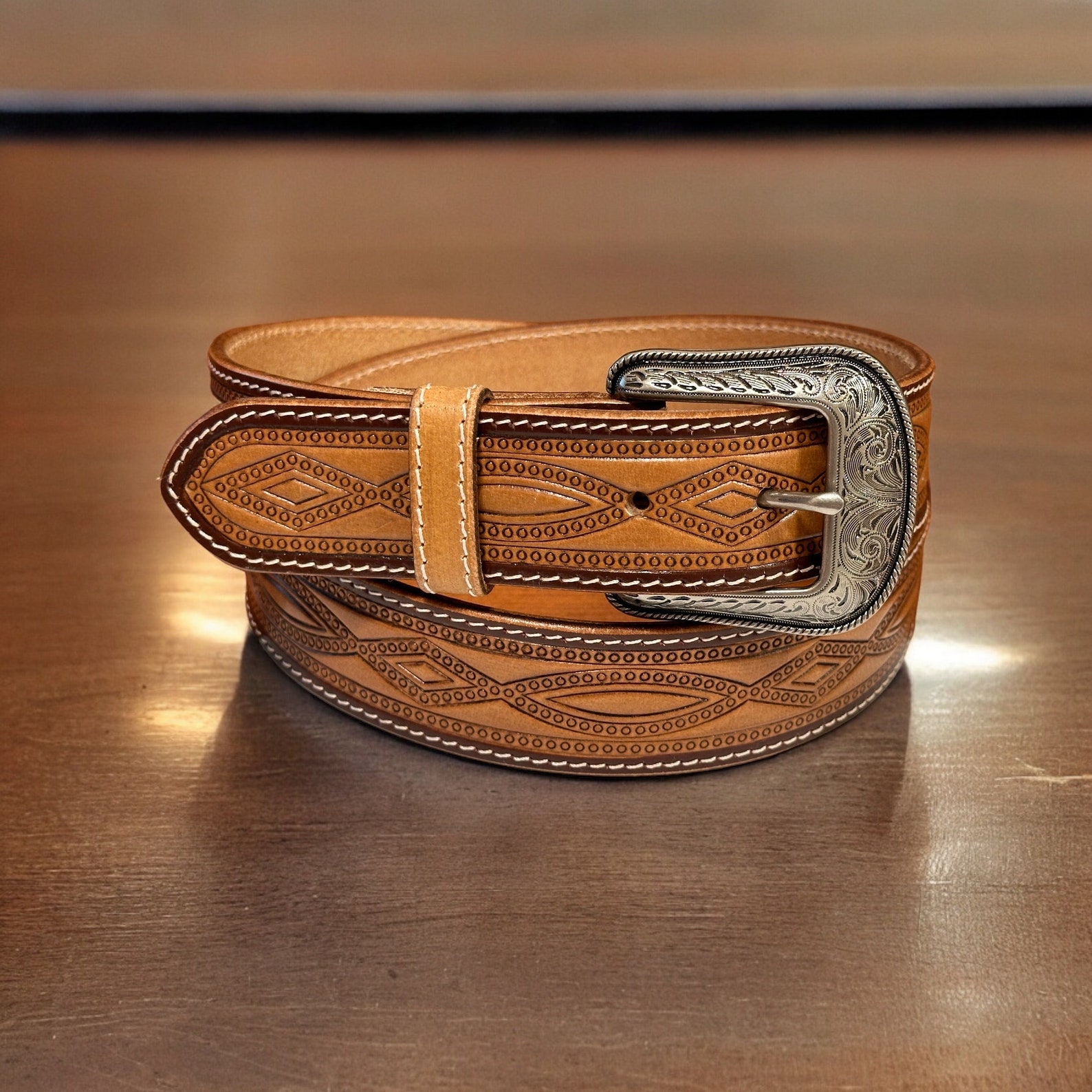 Tooled Western Floral Engraved Leather Belt With Buckle 100% Genuine ...