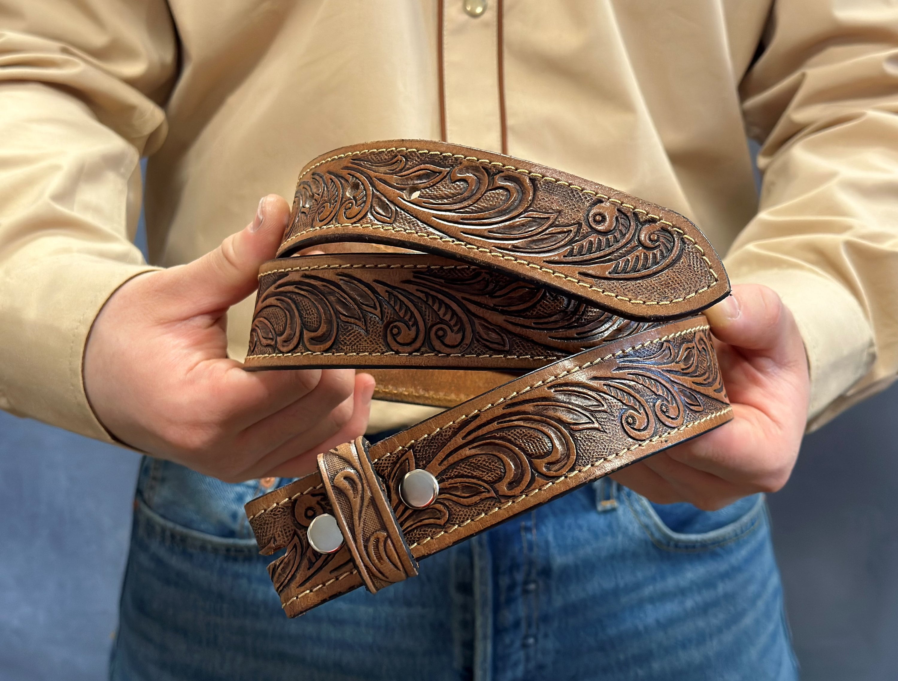 Full Grain Leather Snap-on Belt Tooled Western Floral - Etsy