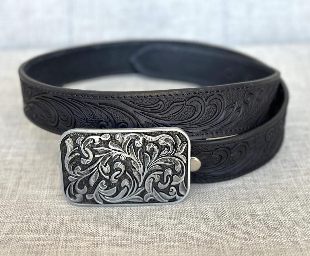 Western Tooled Floral Engraved Leather Belt 100% Genuine Full Grain ...