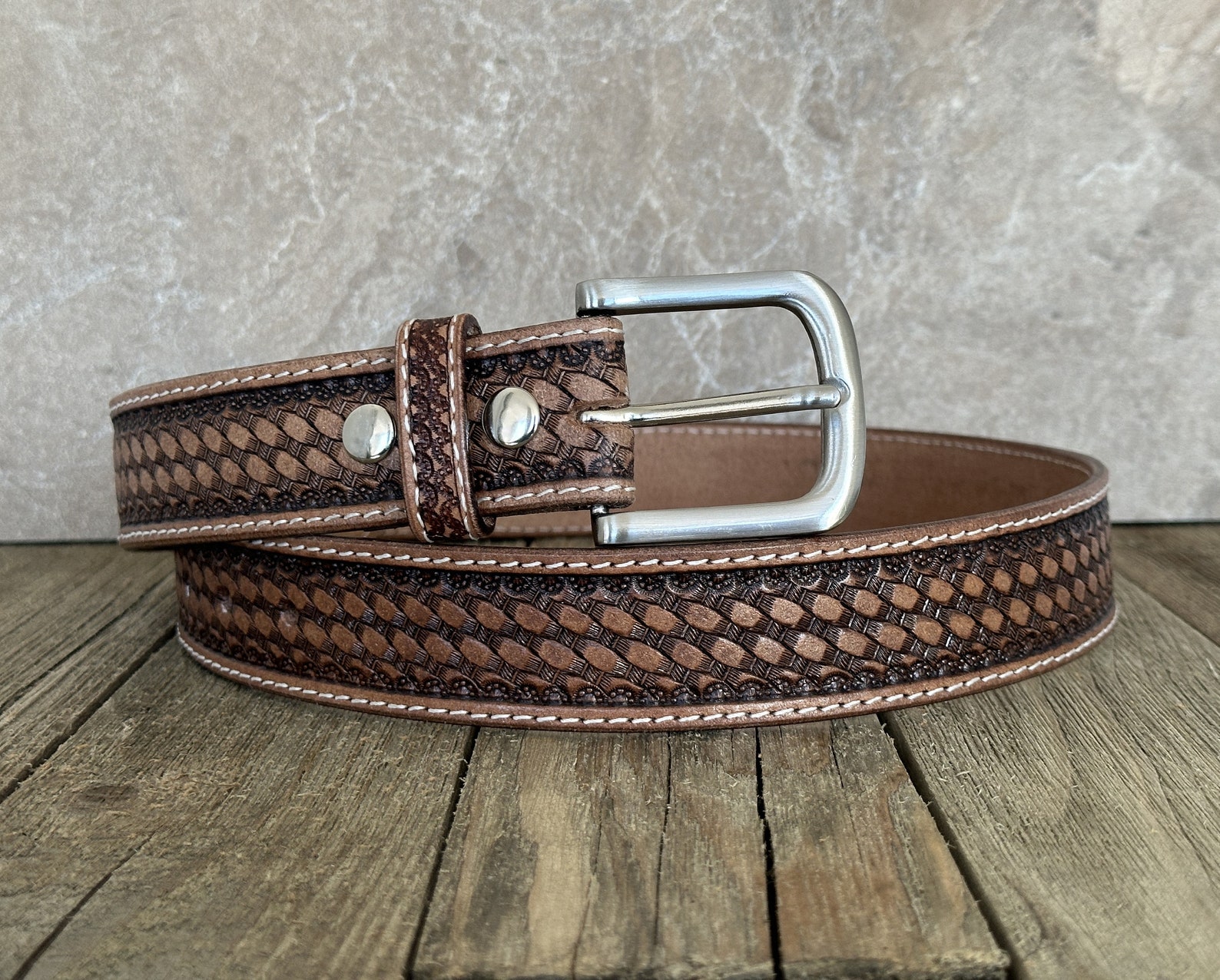 Full Grain Leather Snap-on Belt, Tooled Western Floral Engraved Leather ...