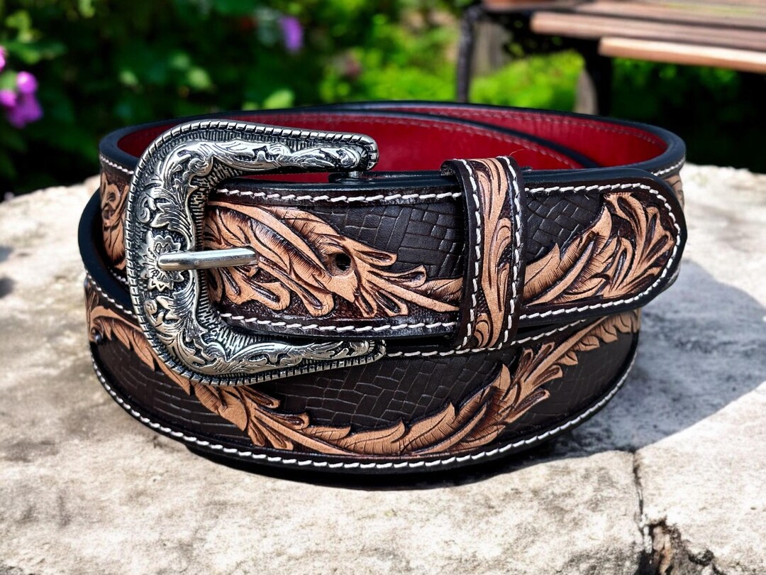 Men's Western Tooled Floral Engraved Leather Embossed Cowboy Belt With ...