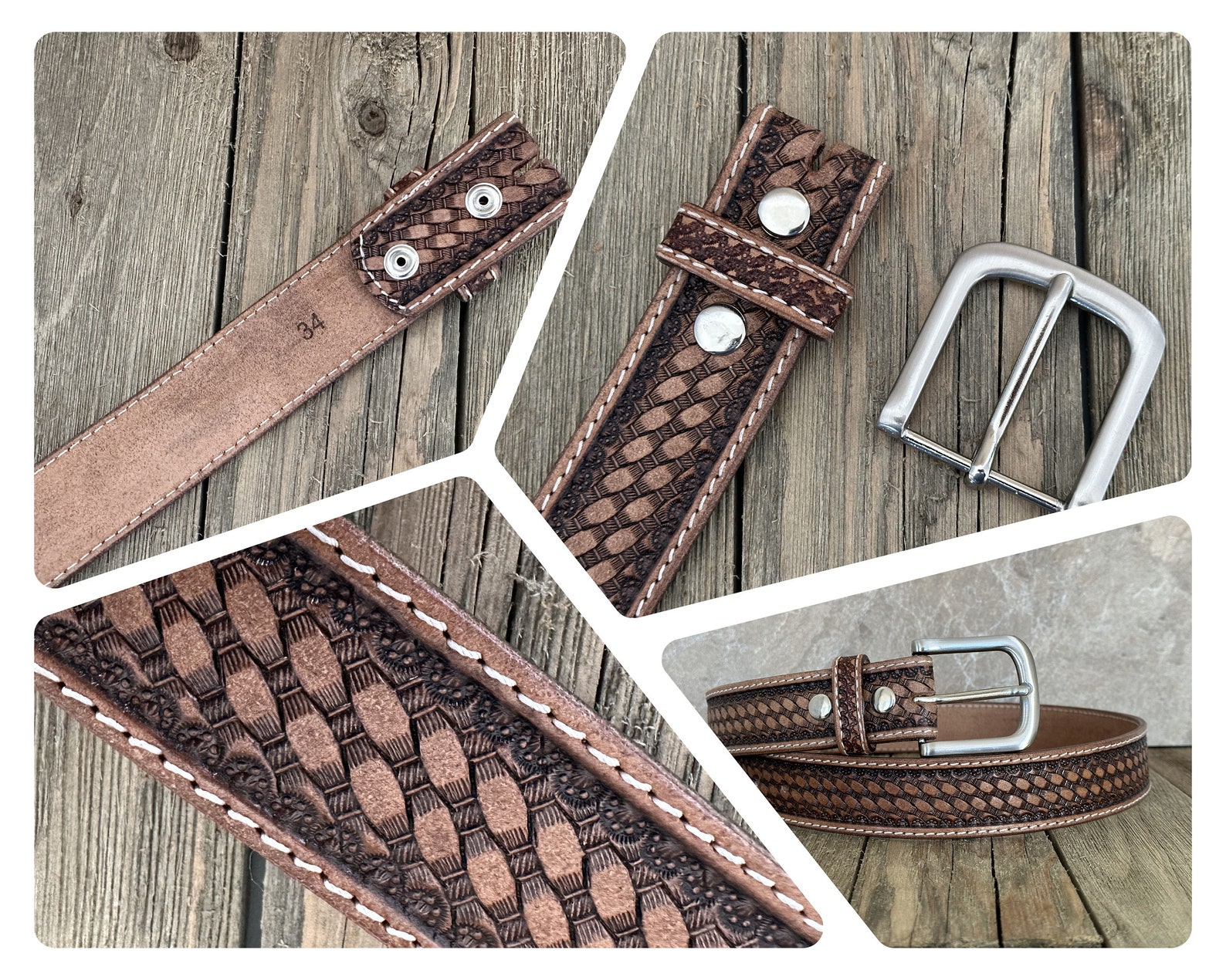 Full Grain Leather Snap-on Belt, Tooled Western Floral Engraved Leather ...