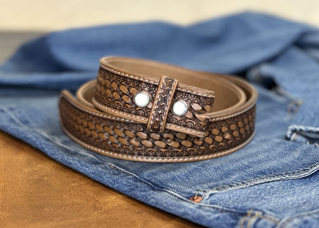 Full Grain Engraved Leather Belt Snap-on Belt, Handmade 100% Genuine ...