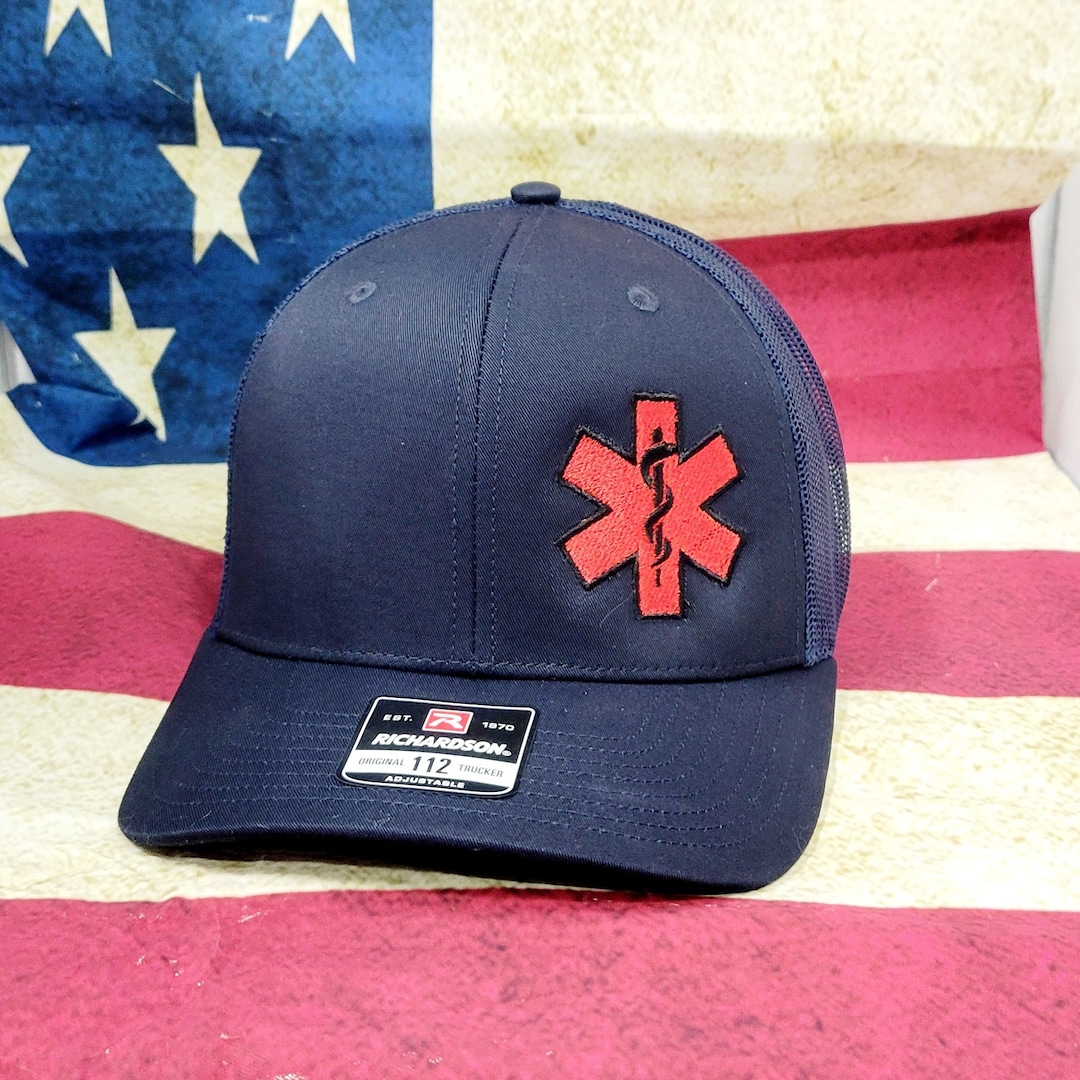 EMS, Paramedic, Star of Life Offset Embroidery Cap, Monochromatic Flag and Trucker Cap ...