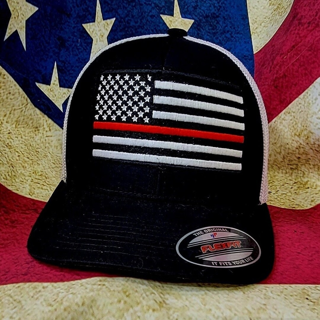 Fire Fighter Red Line Flag, Flexfit Trucker Cap, Puff Embroidery ...
