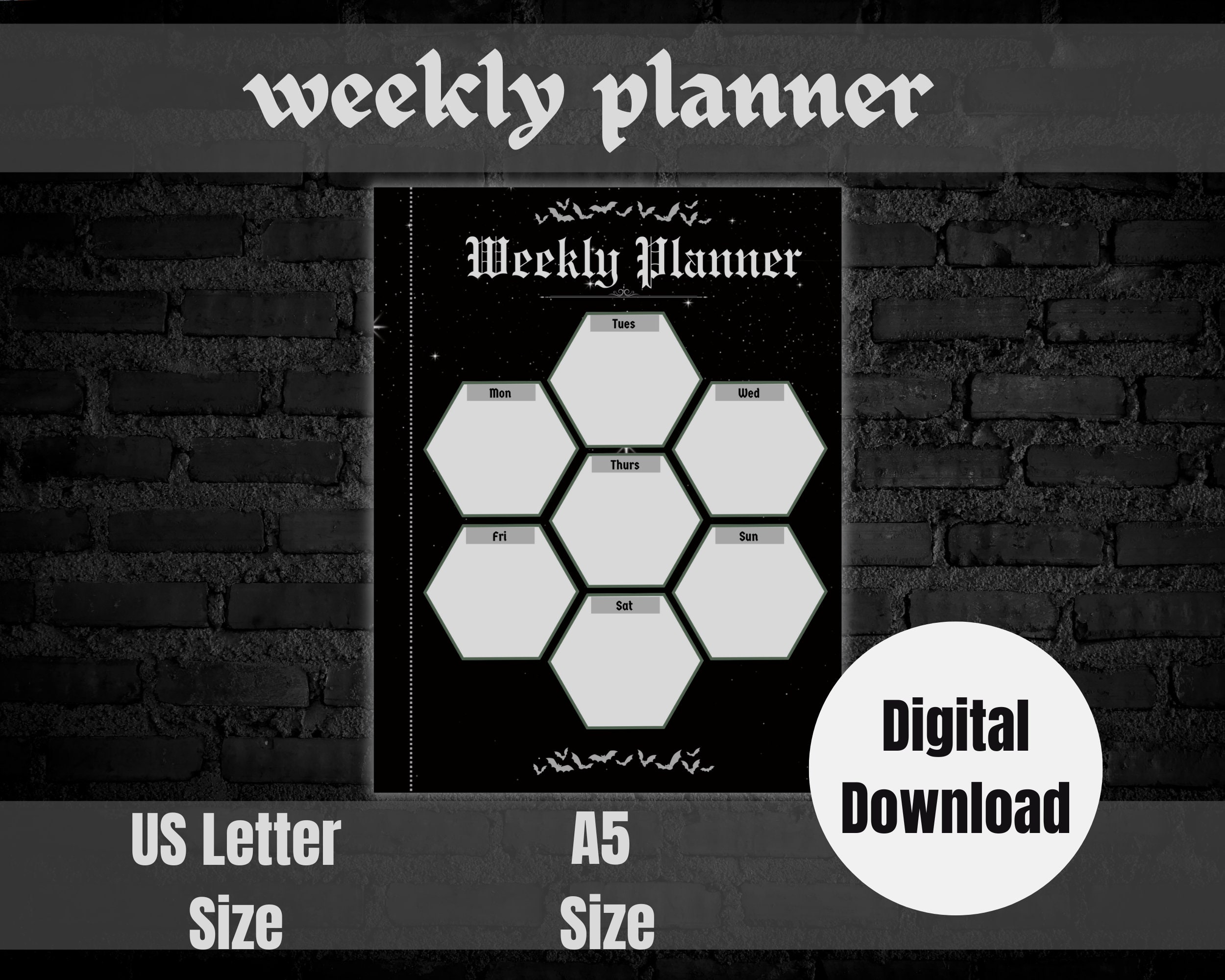 Printable, Digital Goth Starry Bats Weekly Planner, Print at Home ...