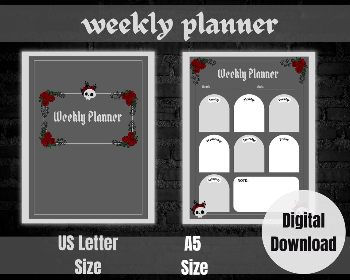 Printable, Digital Goth Skulls and Roses Weekly Planner, Print at Home ...