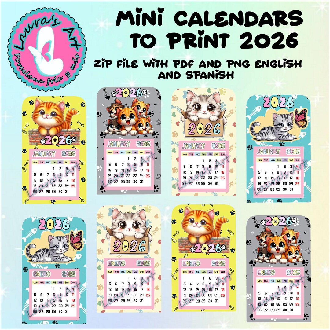 MINI CALENDARS KITTENS 2026 for magnets: zip folder with pdf and png ...