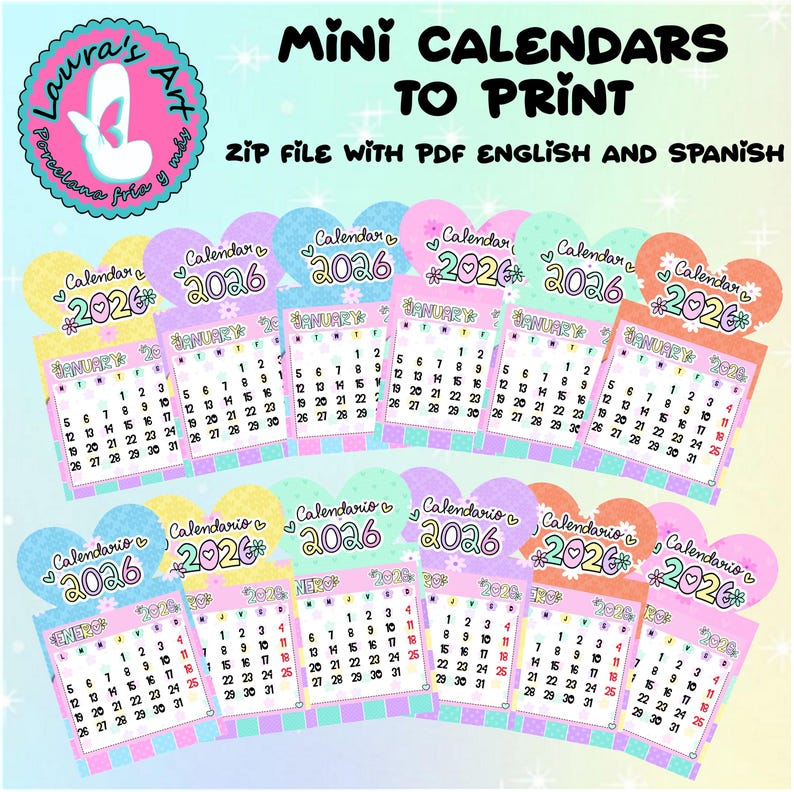 MINI CALENDARS HEART 2026 for Magnets, Zip Folder With Pdf and Png ...