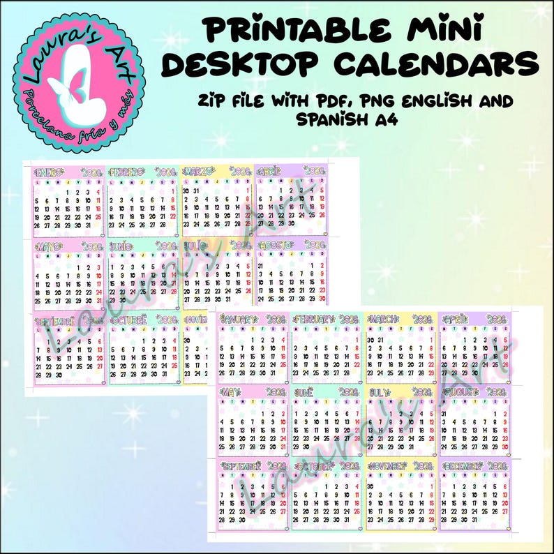 Printable MINI DESKTOP CALENDARS Heart 2026, 2 Zip Folder With Pdf and ...