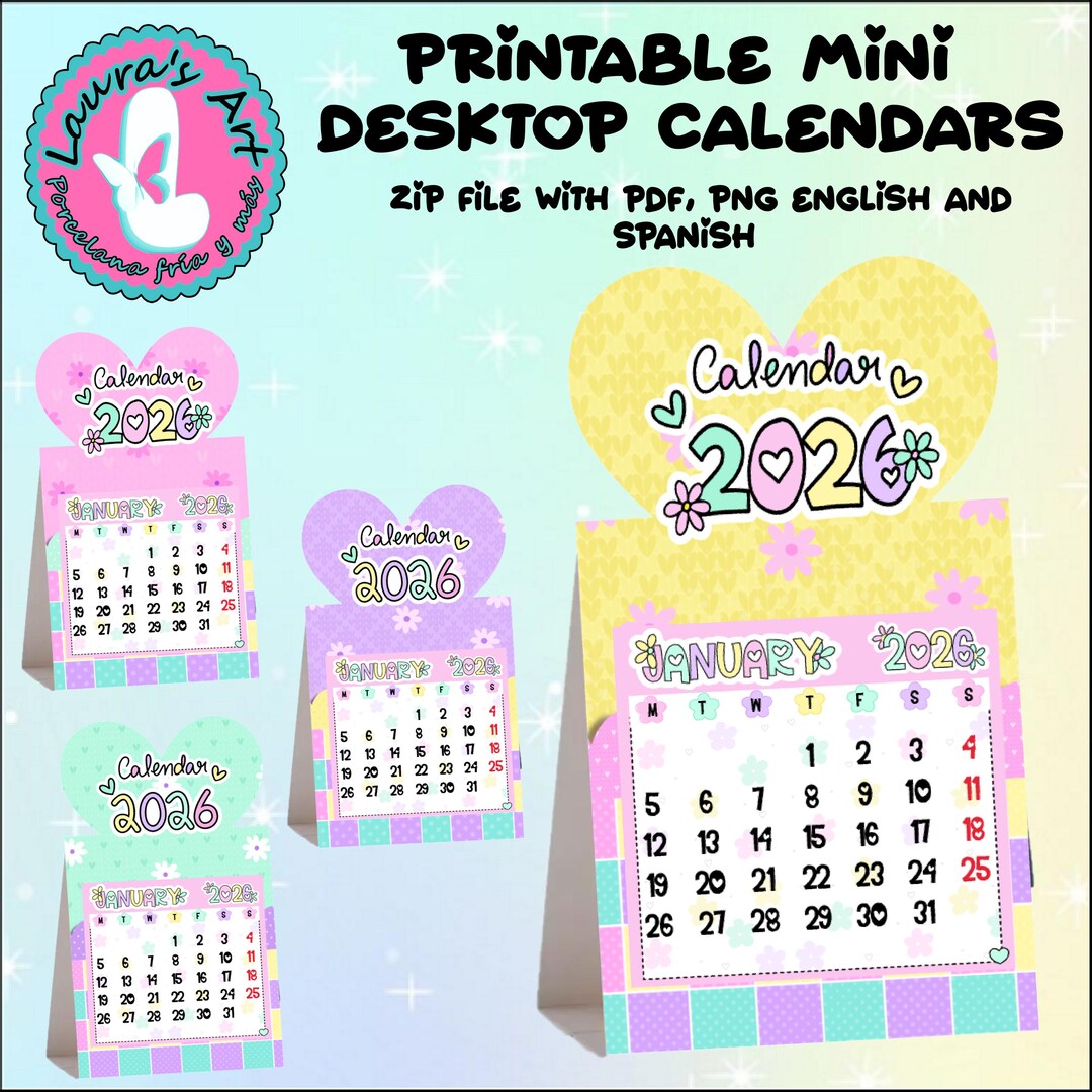 Printable MINI DESKTOP CALENDARS Heart 2026, 2 Zip Folder With Pdf and ...
