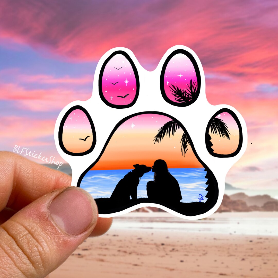Dog Paw Print Sticker Beach Girl With Dog Vinyl Sticker Dog Mom Sticker ...