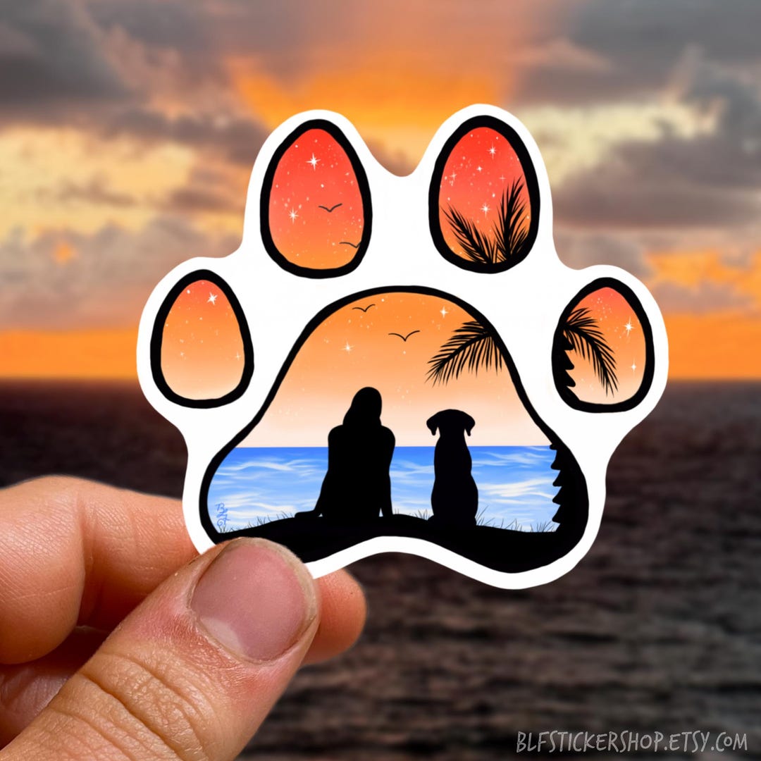 Sunset Beach Dog Paw Print Sticker - Dog Mom Stickers, Beach Dog Decal ...