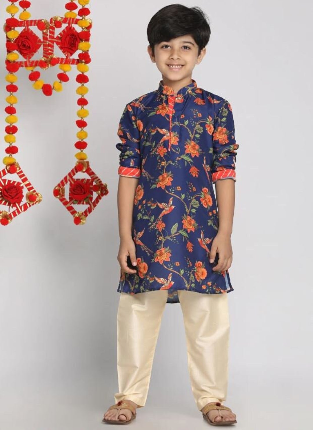 Boys' Multicolor-base-navy Blue Kurta and Pyjama Set| Indian|kids ...