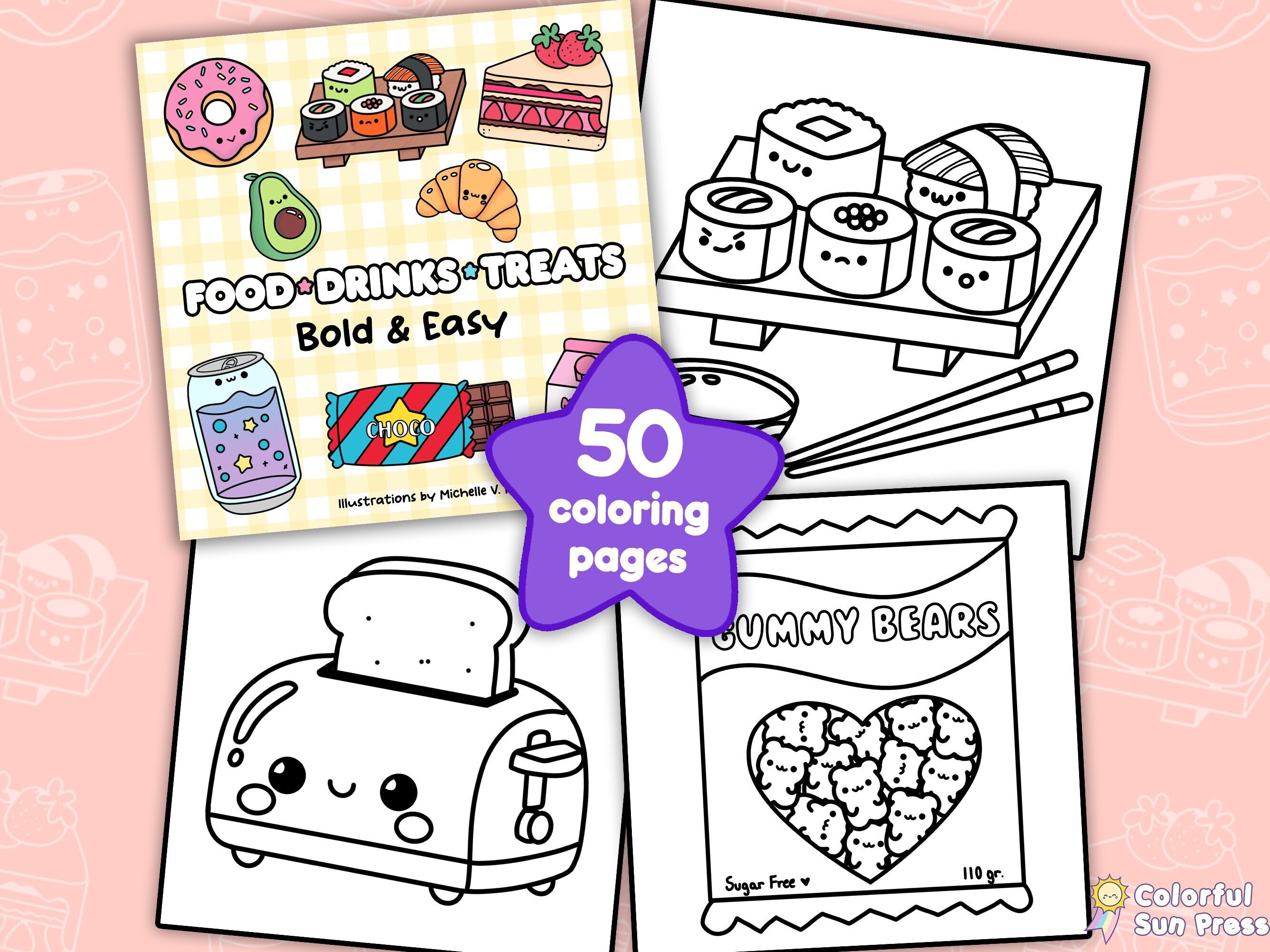 Kawaii Food Coloring Pages, Bold and Easy Coloring Book, Satisfying ...