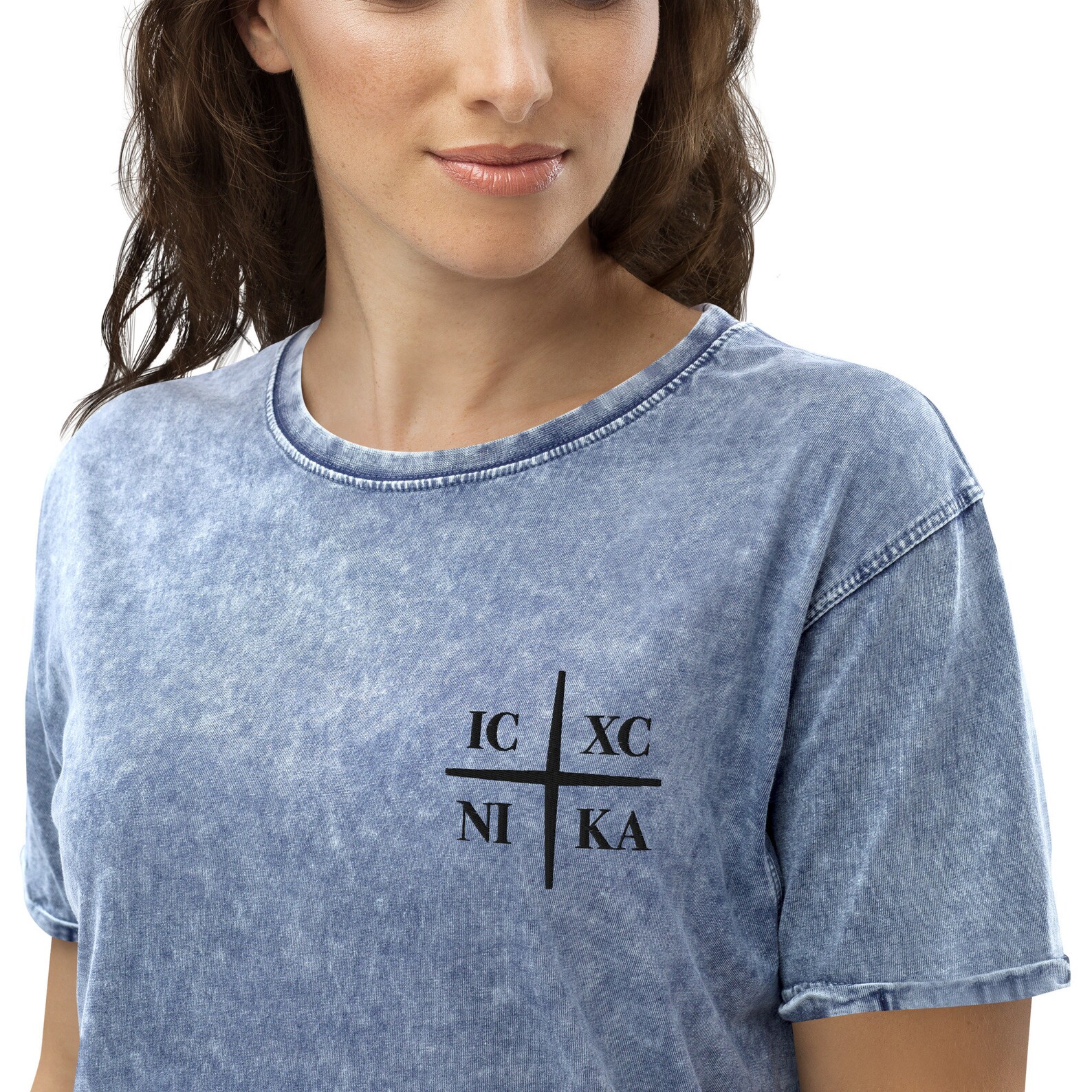 IC XC NIKA Jesus Christ Conquers Embroidered Denim T-shirt, Greek ...