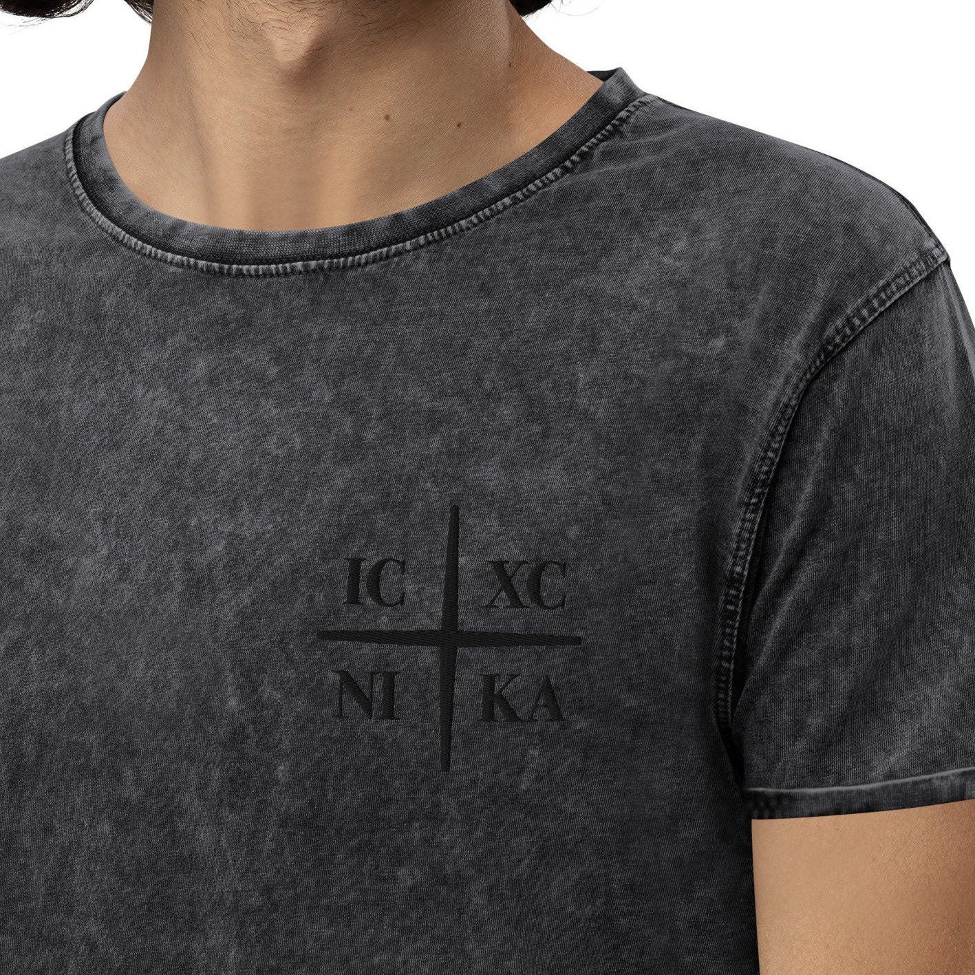 IC XC NIKA Jesus Christ Conquers Embroidered Denim T-shirt, Greek ...