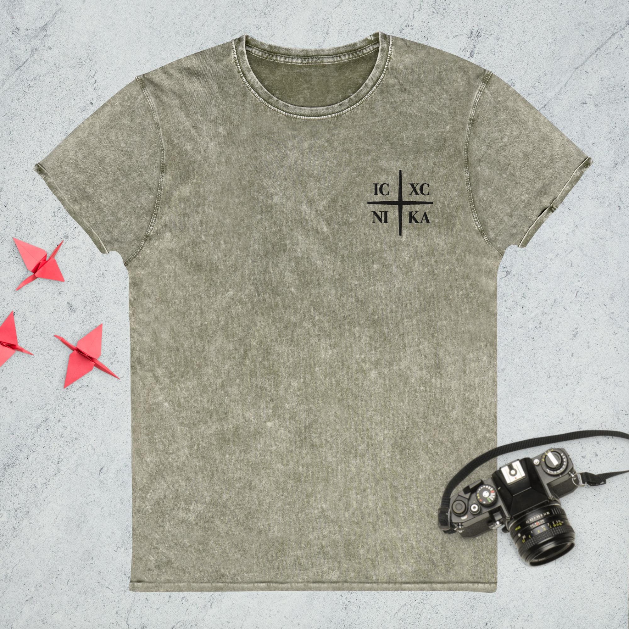 IC XC NIKA Jesus Christ Conquers Embroidered Denim T-shirt, Greek ...