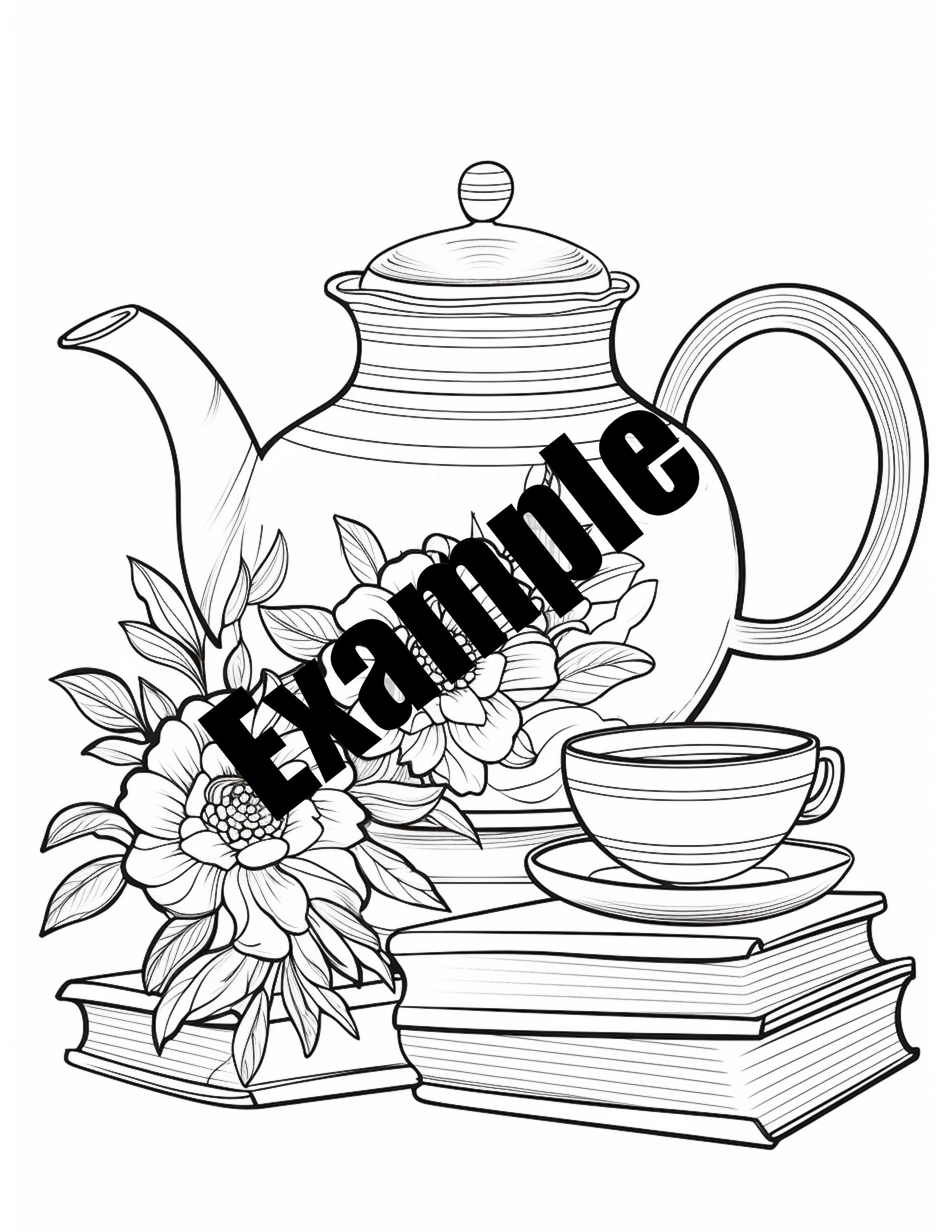 Instant Download Coloring Book Tea Time Pages Art Adults All Ages Color ...